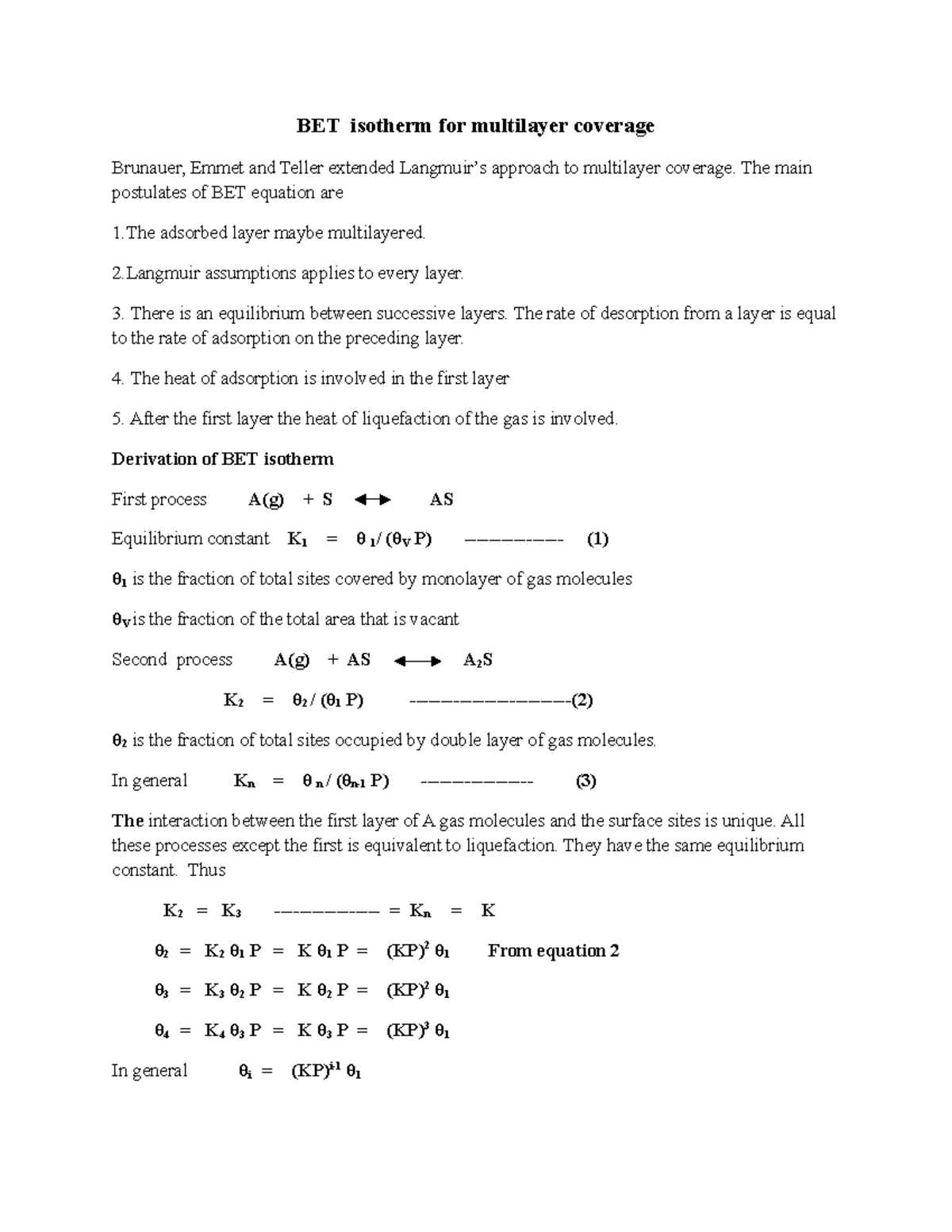 BET isotherm for multilayer coverage - BET isotherm for multilayer ...