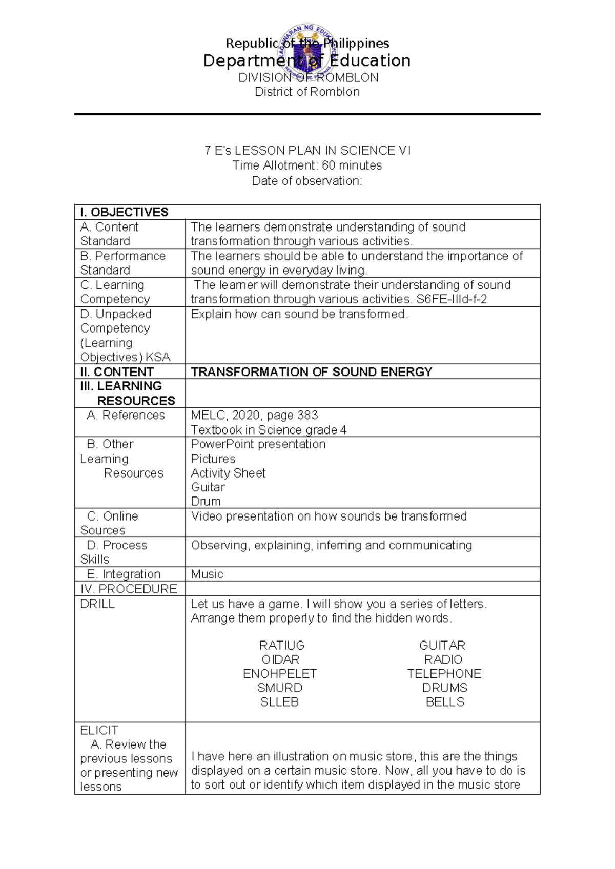 7 E'S Lesson PLAN IN Science 6 - Department of Education DIVISION OF ...