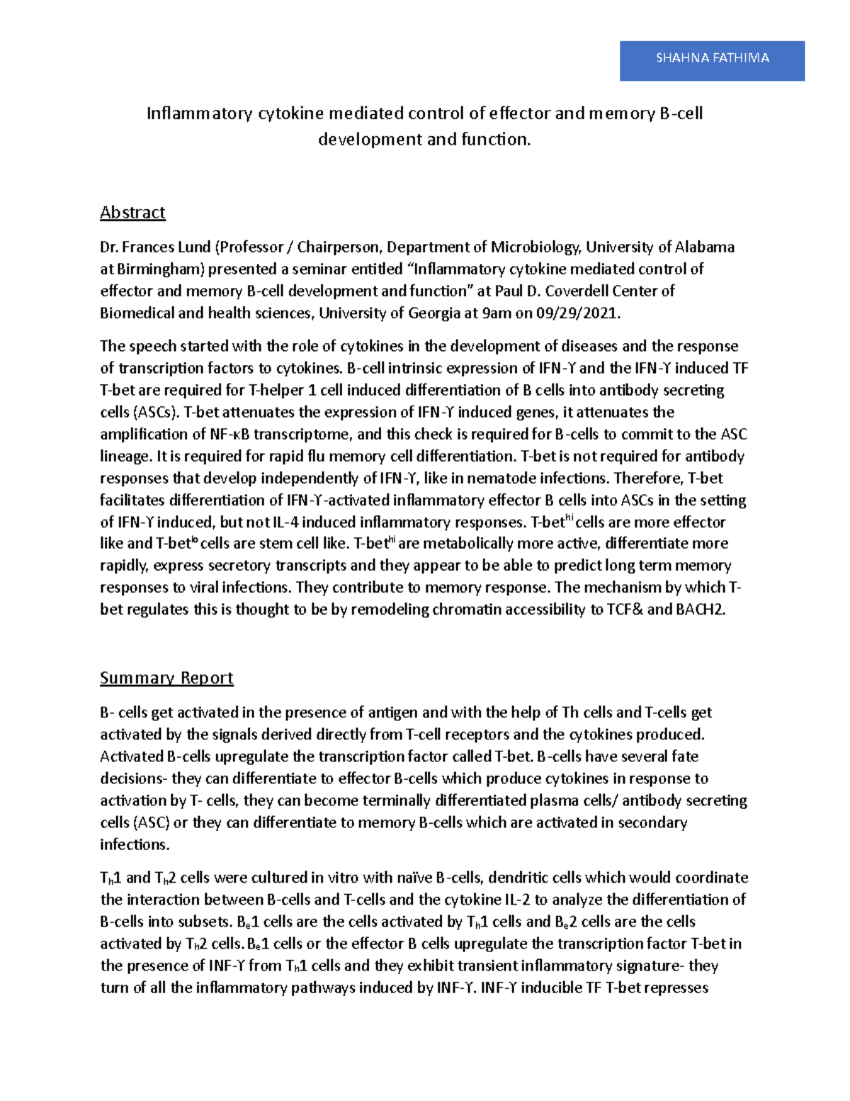 Seminar report 2 - Assignment for CBIO/ MIBO/ IDIS 6100 - Inflammatory ...
