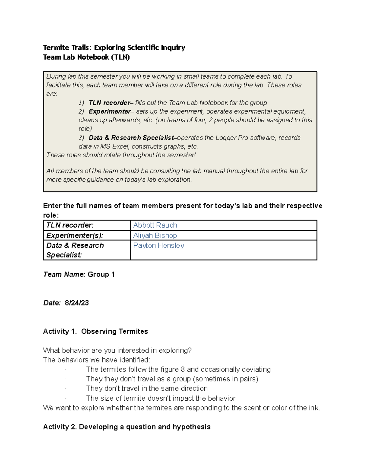 Termite Trails Exploring Scientific Inquiry - To facilitate this, each ...