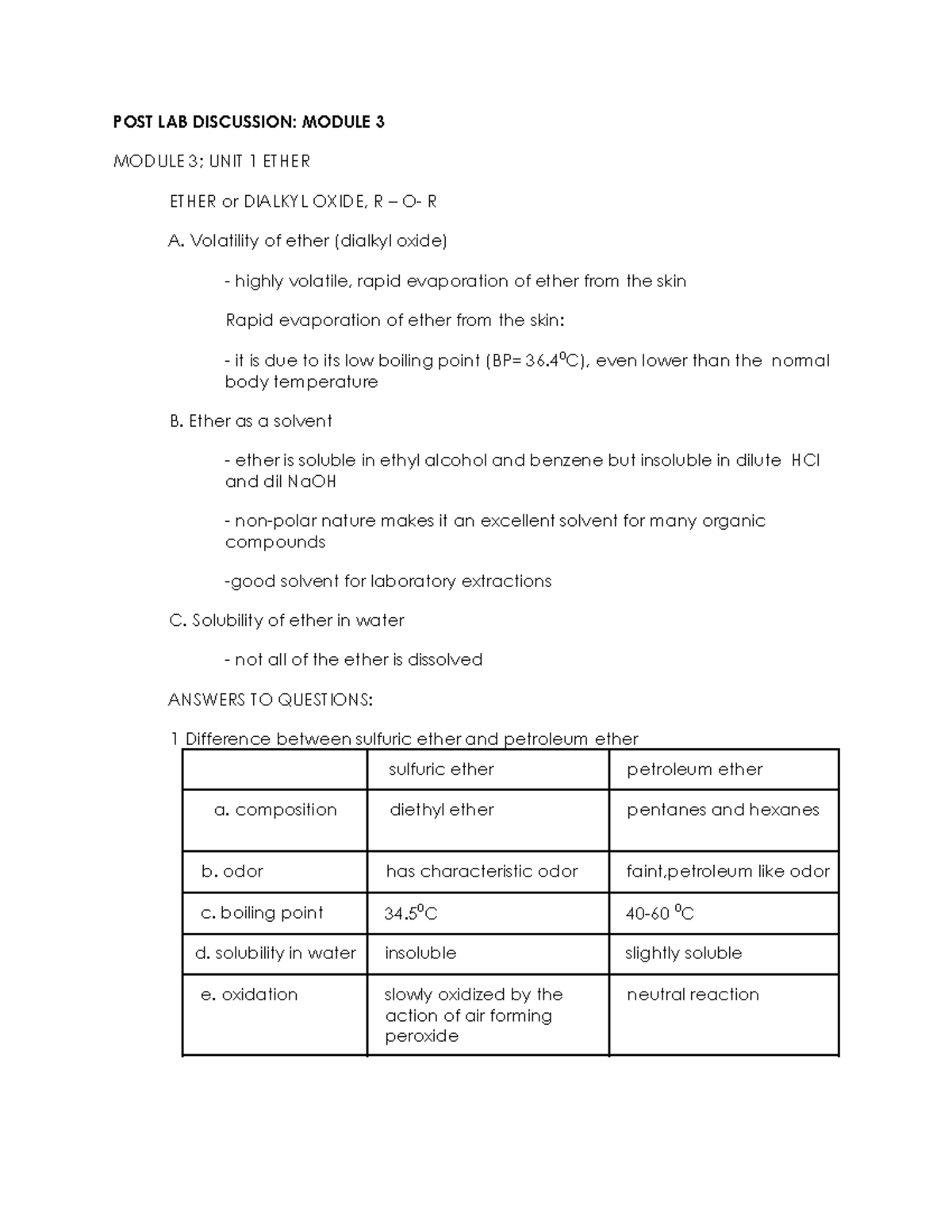 CHEM-2121L-POST-LAB Ether Ketone-1 - POST LAB DISCUSSION: MODULE 3 ...