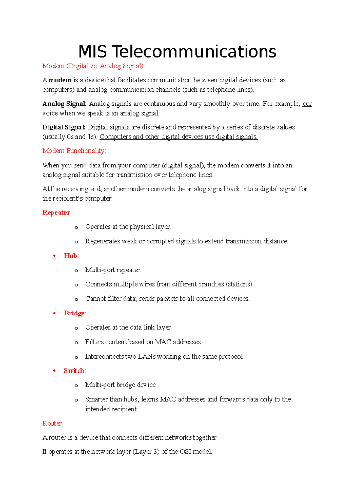 MIS Telecommunications - MIS Telecommunications Modem (Digital vs ...