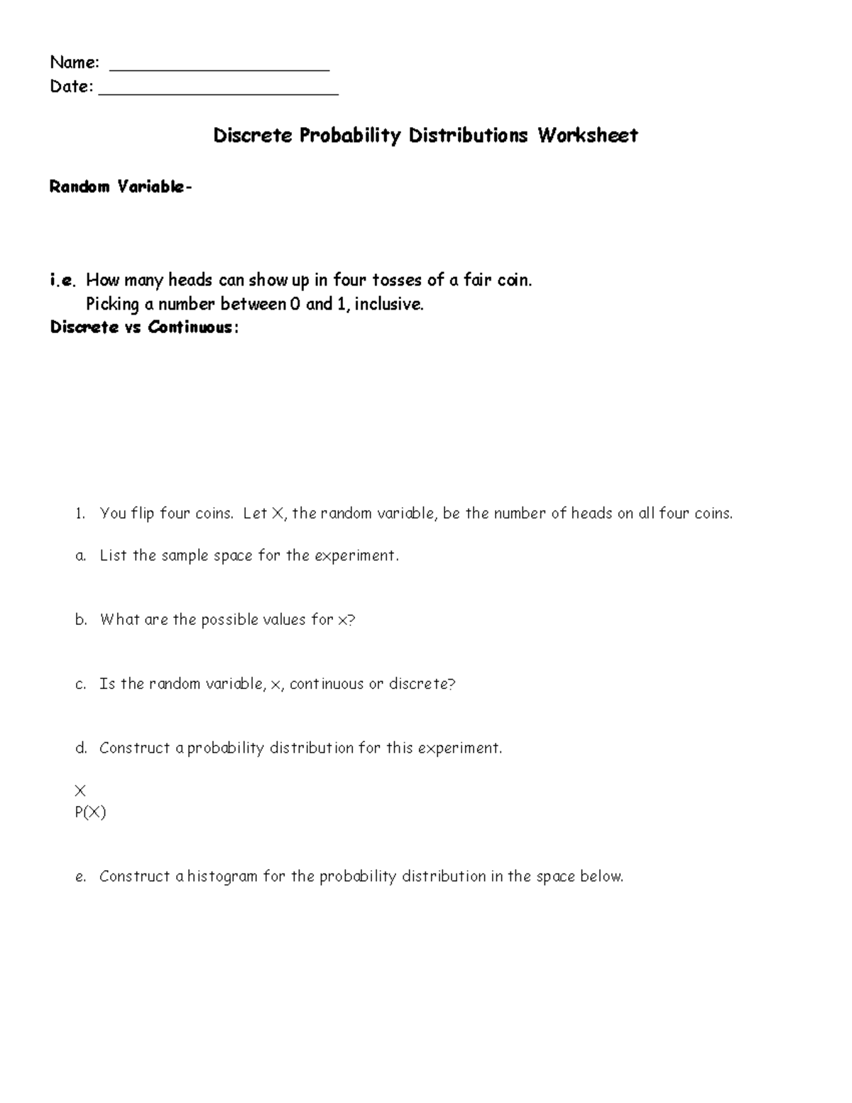 Discrete probability distributions worksheet - Date ...