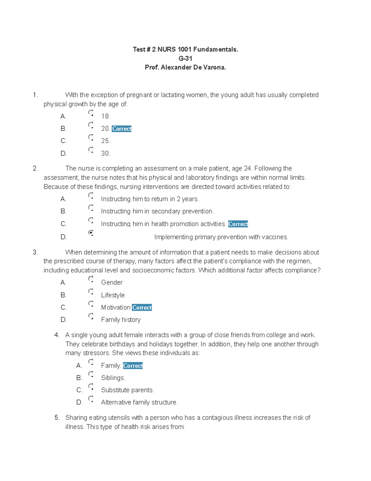 Test #2 G31 fundamentals - Test 2 NURS 1001 Fundamentals. Prof ...