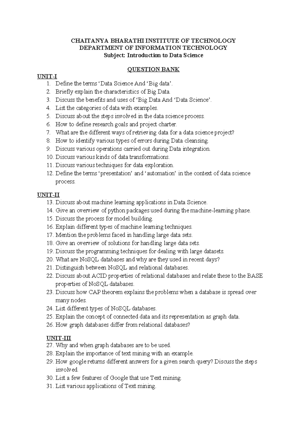 IDS-Question Bank - Assignment - CHAITANYA BHARATHI INSTITUTE OF ...