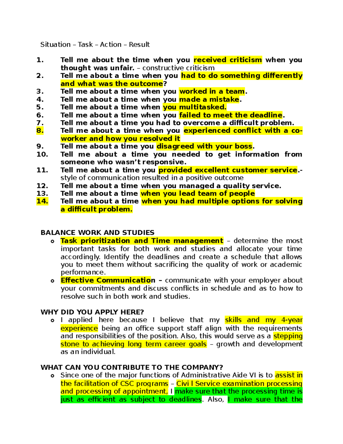 Case digest notes - Situation – Task – Action – Result Tell me about ...