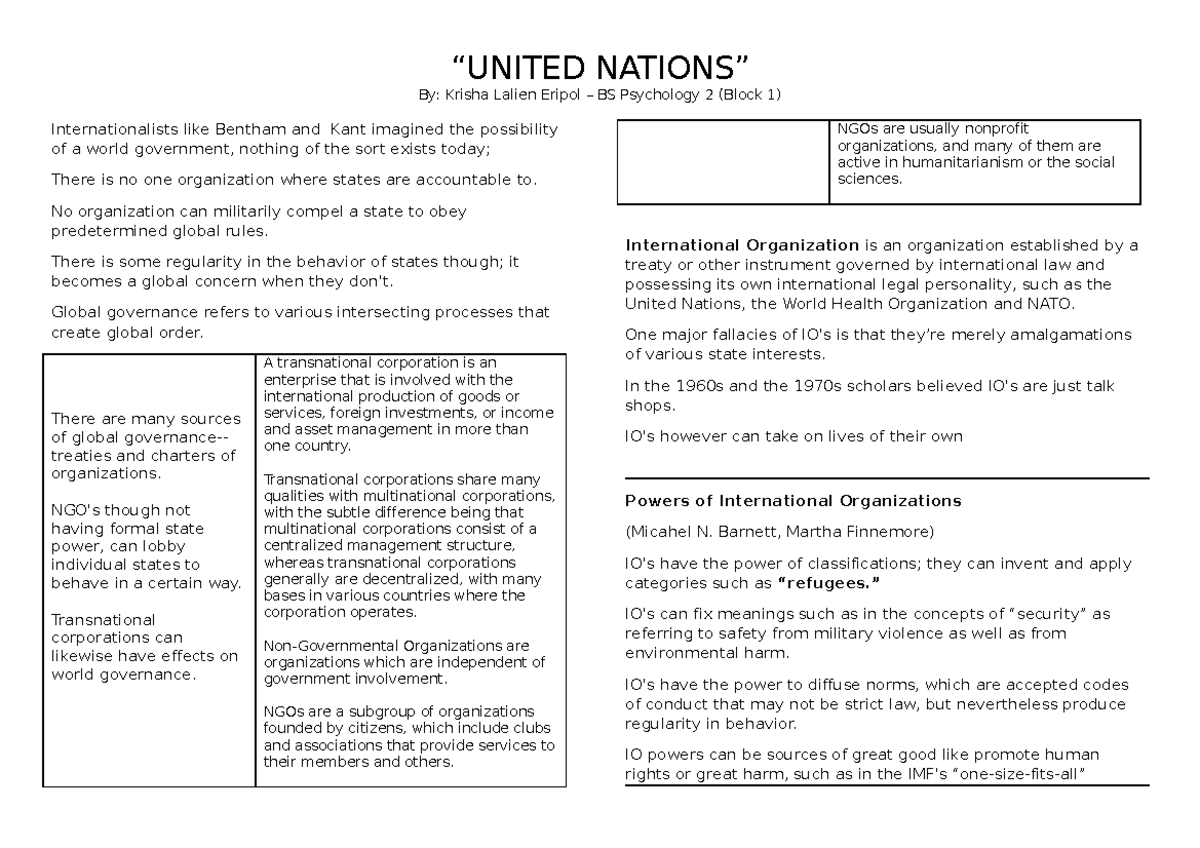 Lecture 3B - United Nations - By: Krisha Lalien Eripol – BS Psychology ...