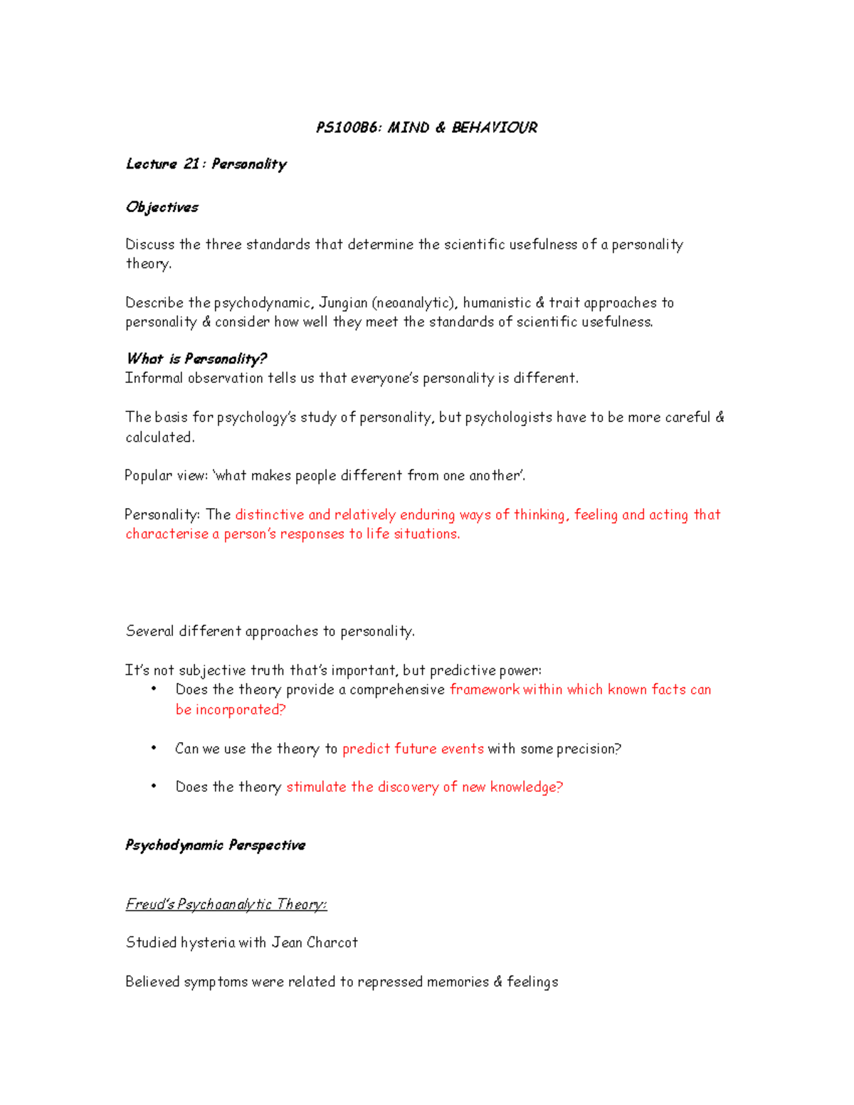 Lecture 21 Personality - PS10086: MIND & BEHAVIOUR Lecture 21 ...