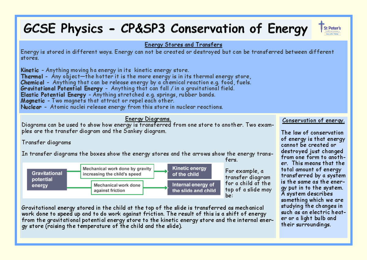 SPA Knowledge Organiser - CP3 Conservation of Energy - Energy Stores ...