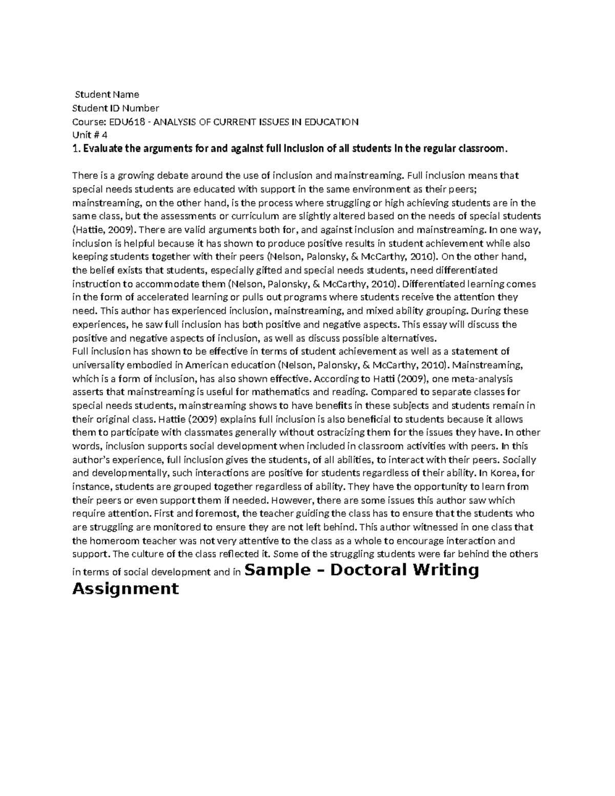 Writting assignment - DOCTORATE IN EDUCATION - Student Name Student ID ...