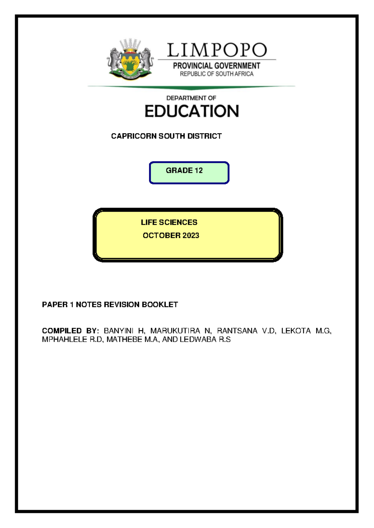 LFSC Revision Brief Notes Booklet P1 LAST PUSH Capricorn South ...