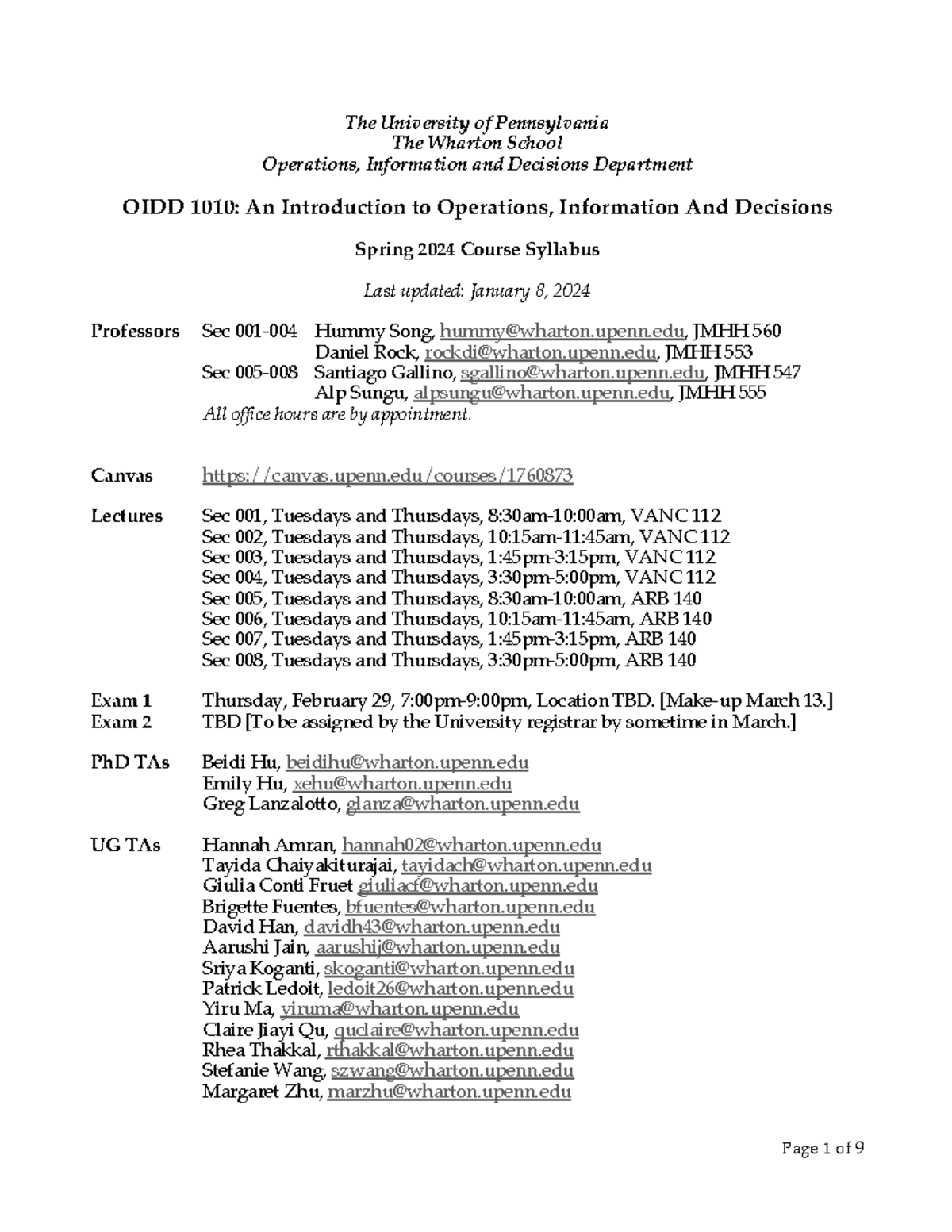 OIDD 1010 Spring 2024 Syllabus - The University of Pennsylvania The ...