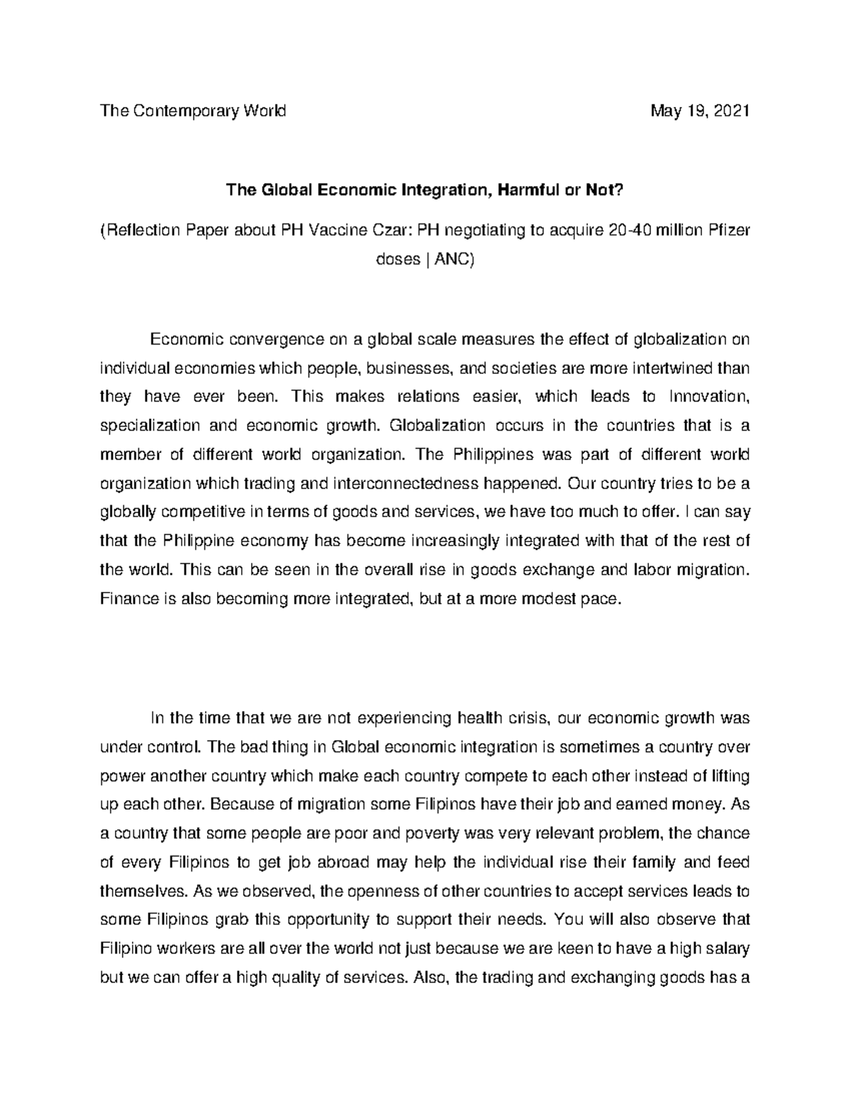 The Global Economic Integration Harmful or Not - The Contemporary World ...