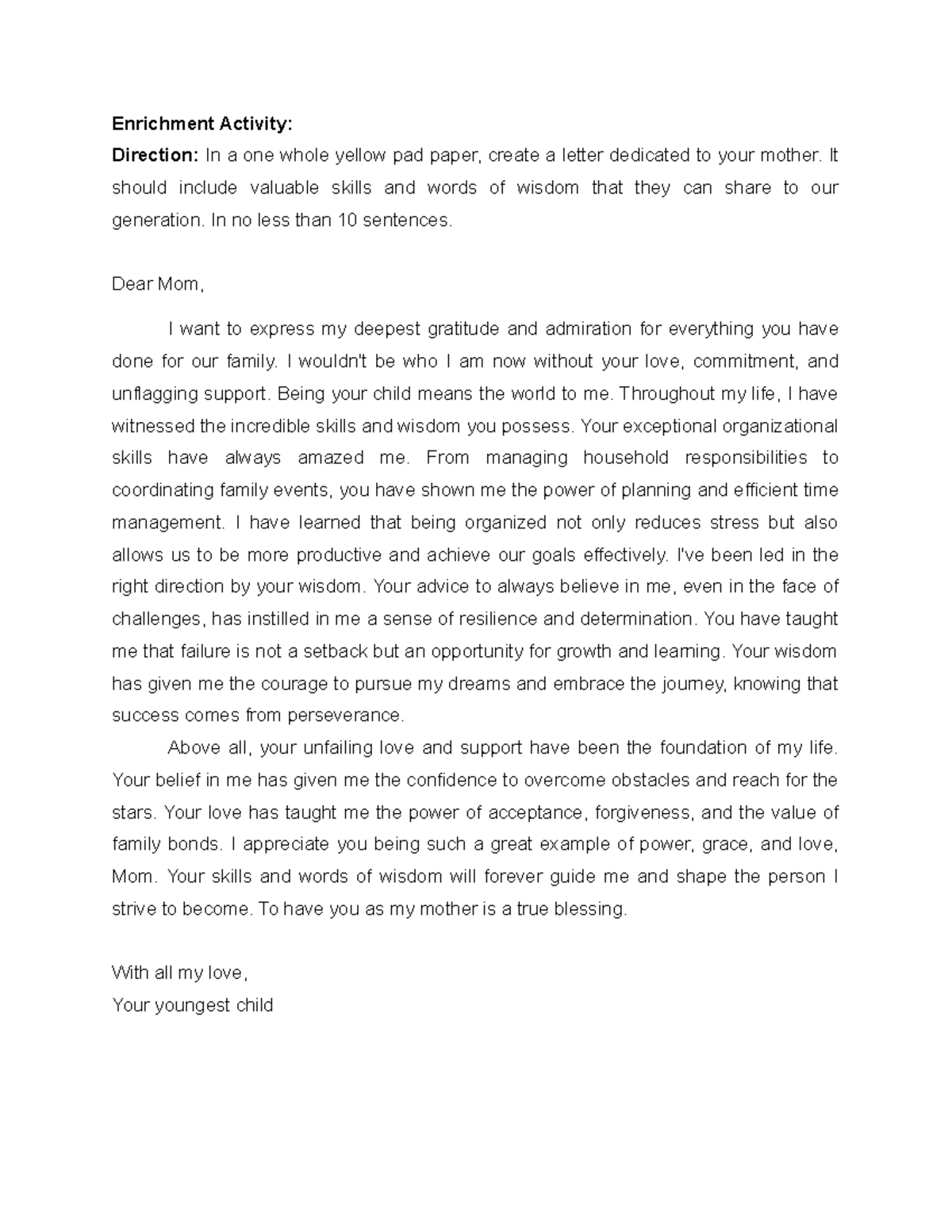 Enrichment Activity Story of the Aged Mother - Enrichment Activity ...