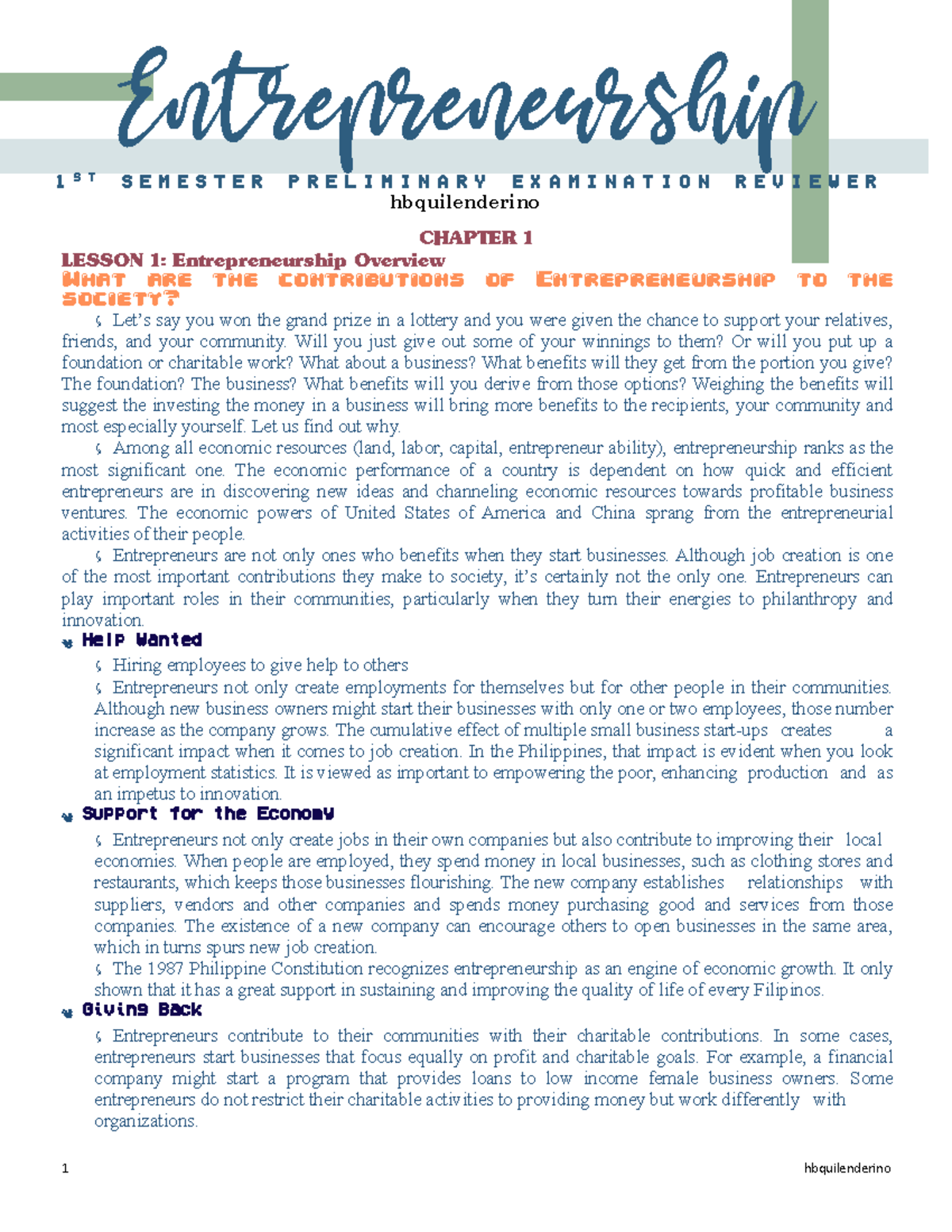 Entrepreneurship Overview and The Market and The Product - CHAPTER 1 ...