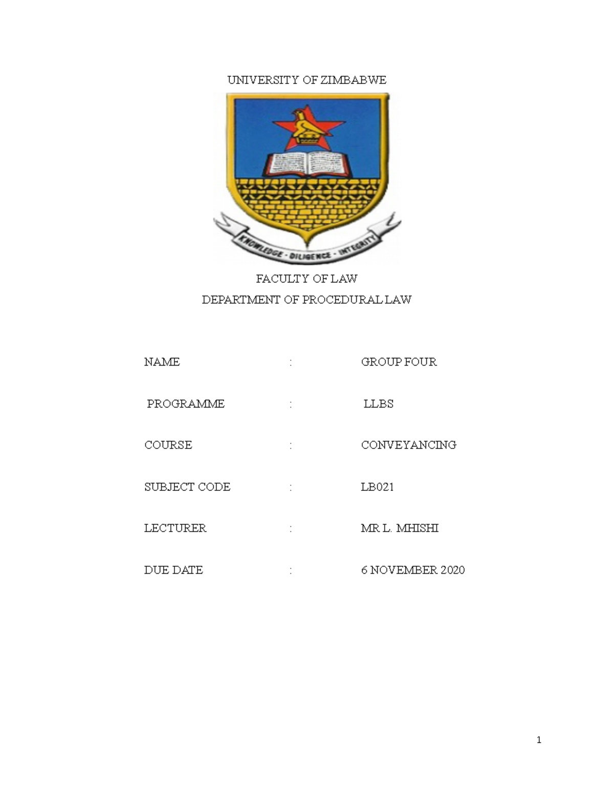Conveyancing Grp 4 Assignment 1-2020 - Copy - UNIVERSITY OF ZIMBABWE ...