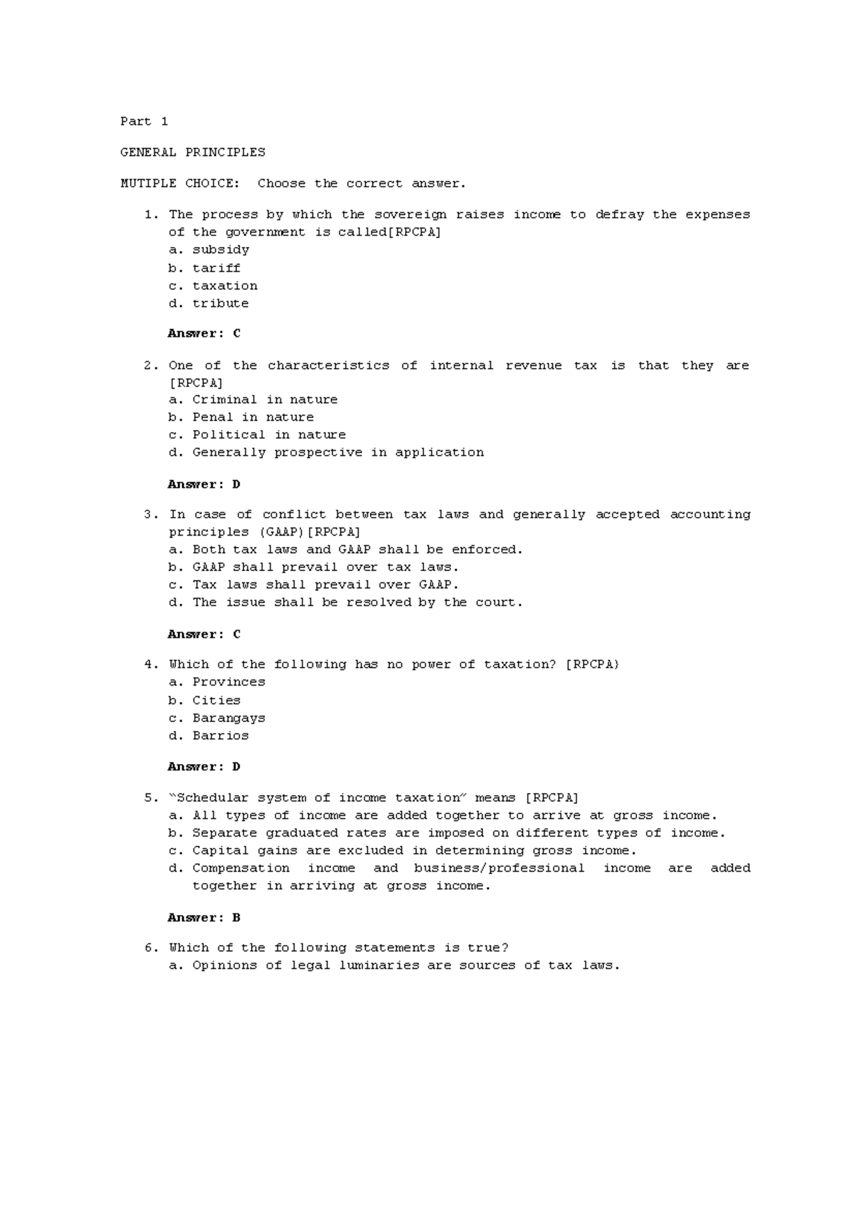 General Principles - Part 1 GENERAL PRINCIPLES MUTIPLE CHOICE: Choose ...