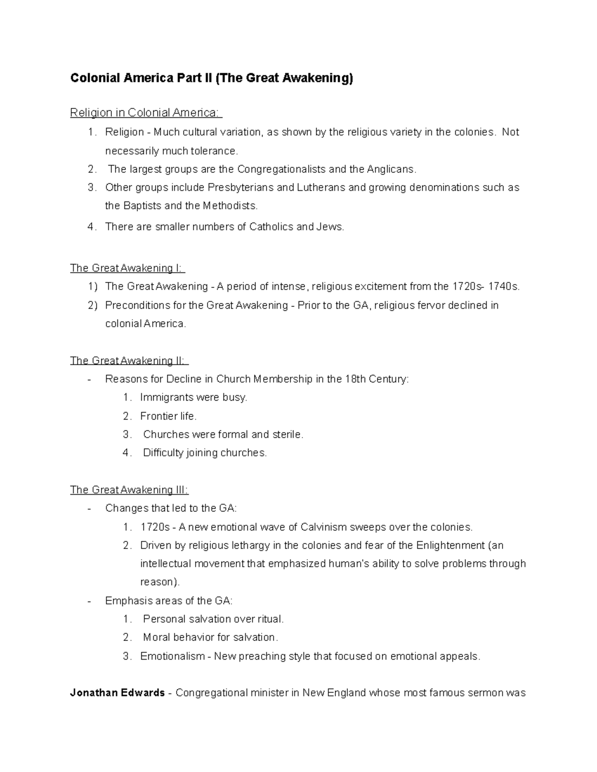 HIST 1010 Lecture 9 Notes - Colonial America Part II (The Great ...