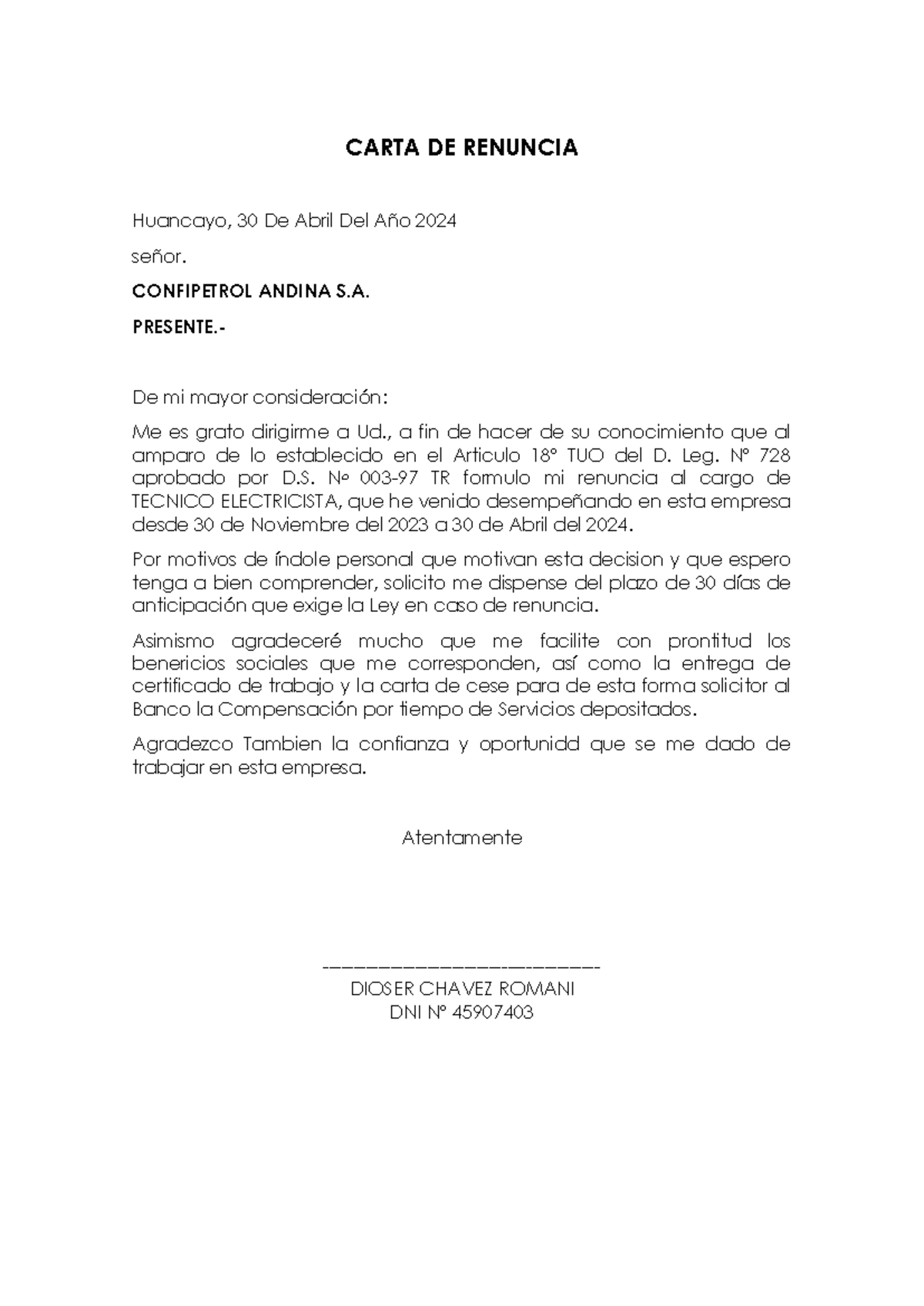 Carta DE Renuncia - reffseewsr - CARTA DE RENUNCIA Huancayo, 30 De ...