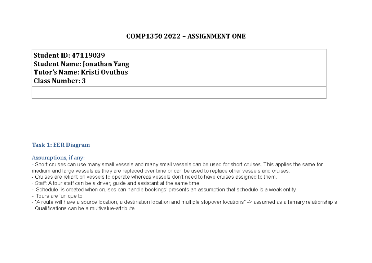 COMP1350 Assignment 1 Jonathan Yang - COMP1350 2022 3 ASSIGNMENT ONE Task 1: EER Diagram - Studocu