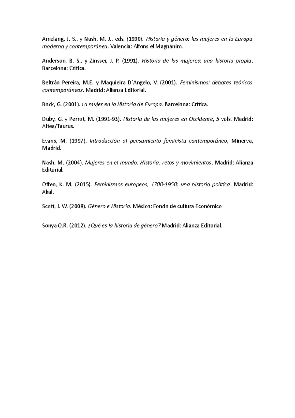 Bibliografía general Historiografía de género - Amelang, J. S., y Nash ...