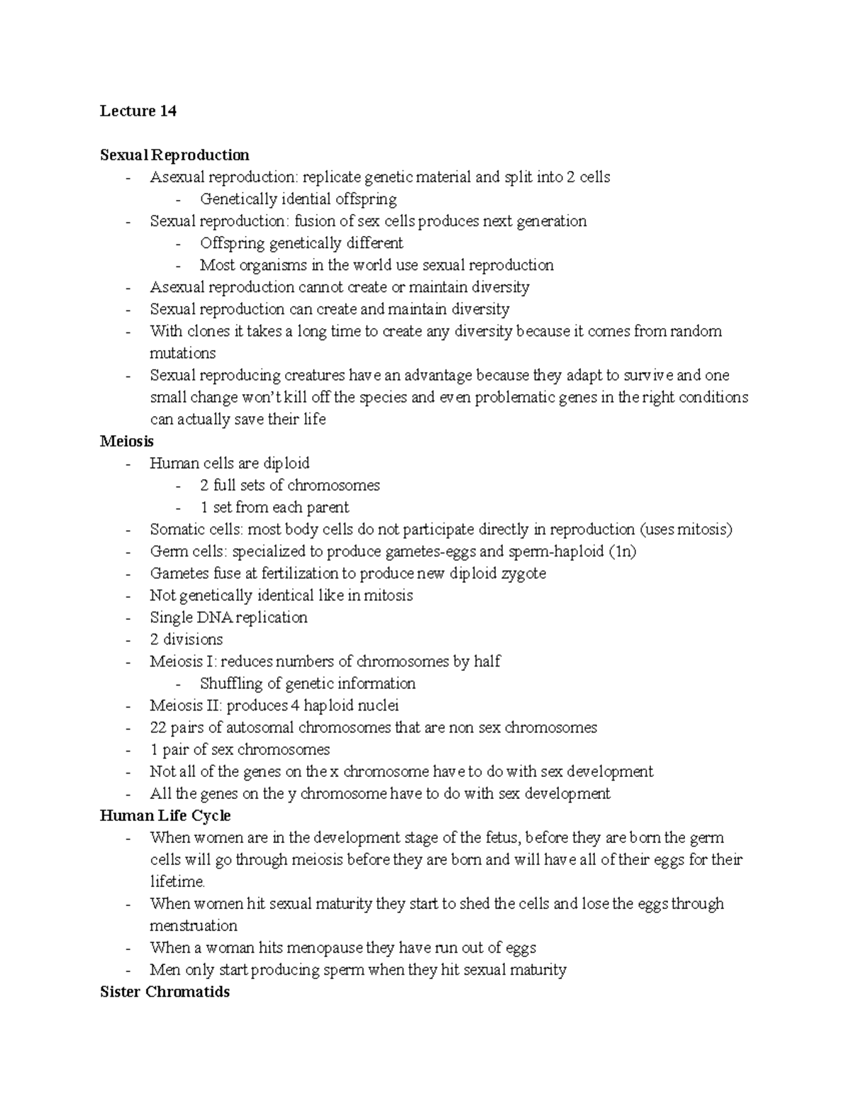 Sexual Reproduction - Lecture notes 14 - Lecture 14 Sexual Reproduction ...