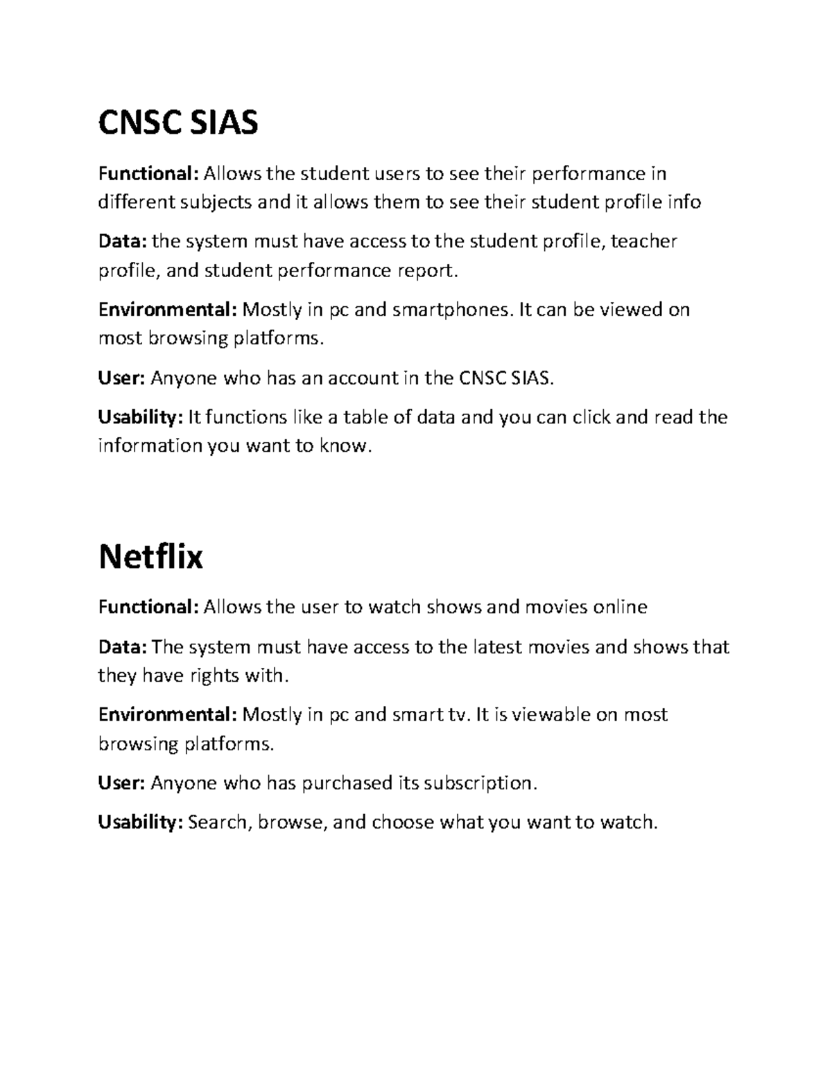Software Analysis Sample - CNSC SIAS Functional: Allows the student ...