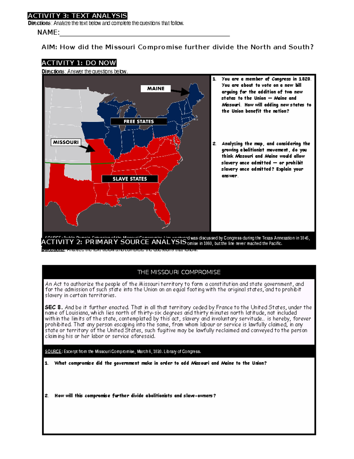 US 3.1 Handout (Word Doc) - AIM: How did the Missouri Compromise ...