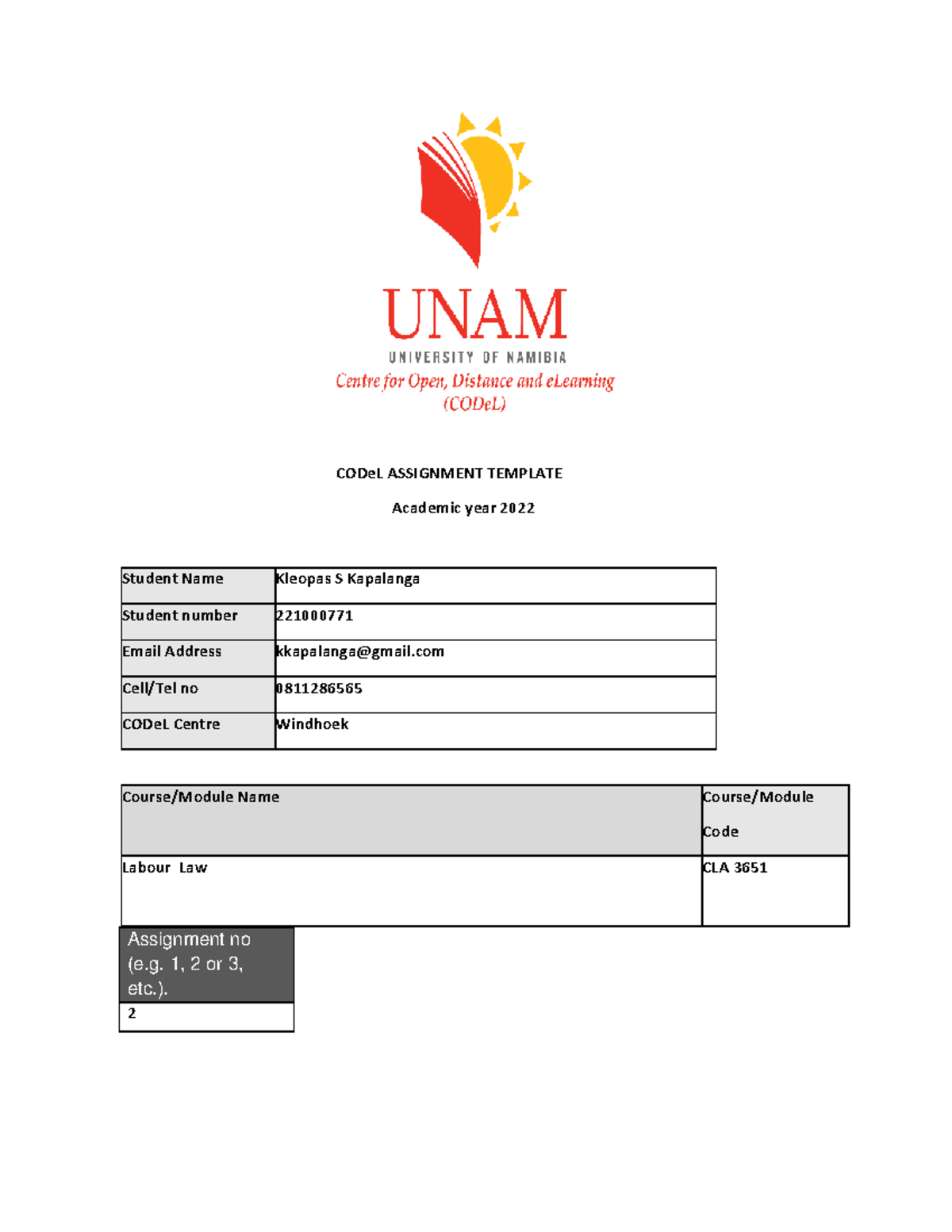 221000771 CLA3651 Assignment 2 - CODeL ASSIGNMENT TEMPLATE Academic ...