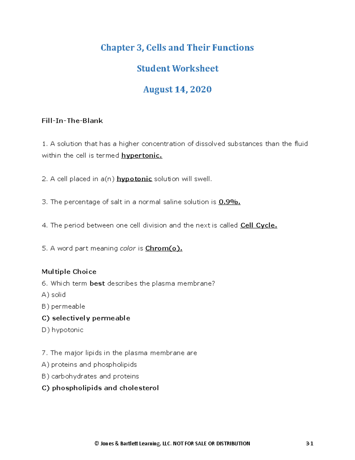 #3- Chapter 3 Worksheet Student August 14 2020 - Chapter 3, Cells and ...