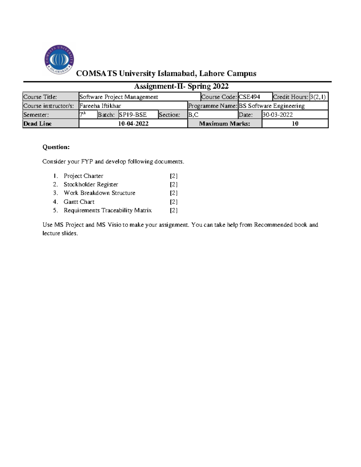 SPM - Assign 2 - SPM Course material - COMSATS University Islamabad, Lahore Campus Assignment-II ...