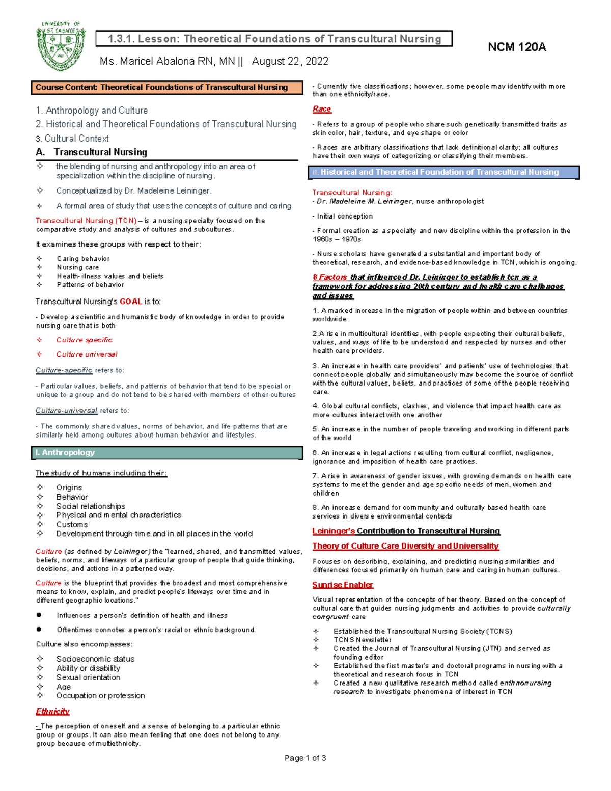 NCM120-Theoretical Foundations of Transcultural Nursing-W2- Module 1 ...
