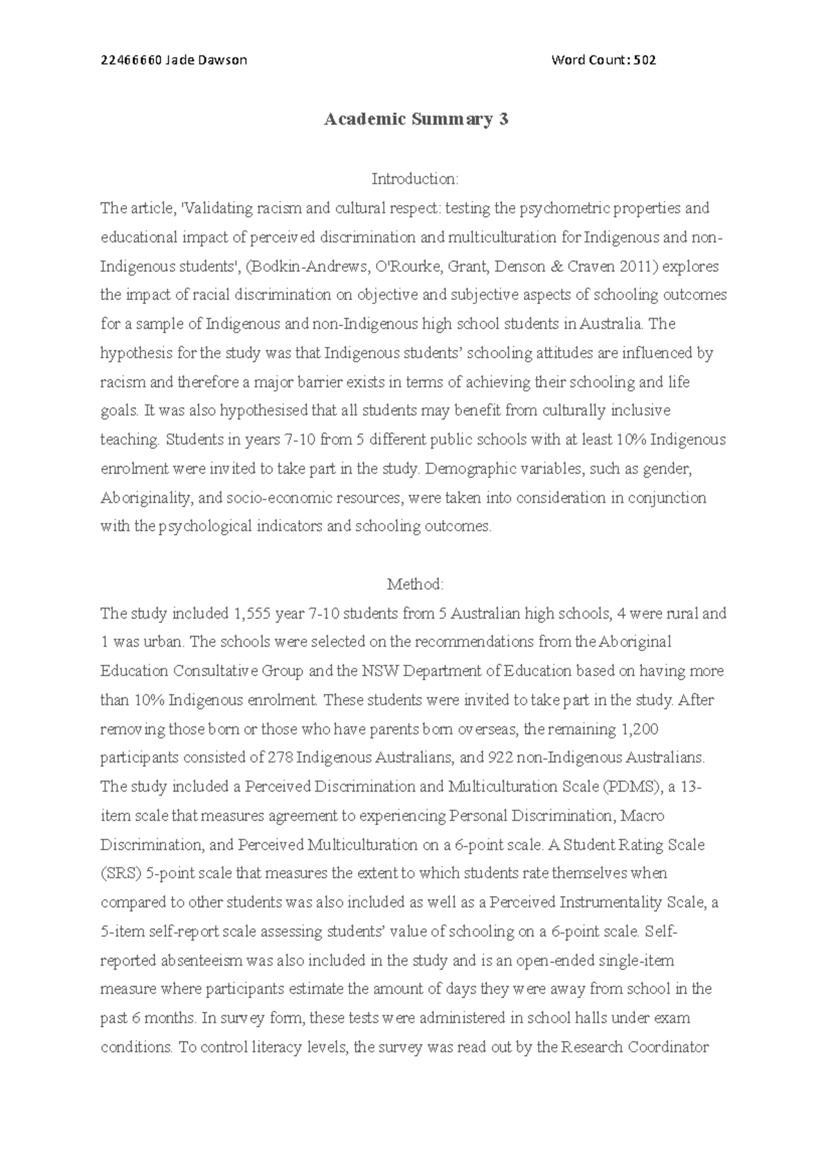 Academic Summary 3 - 22466660 Jade Dawson Word Count: 502 Academic Summary 3 Introduction: The ...