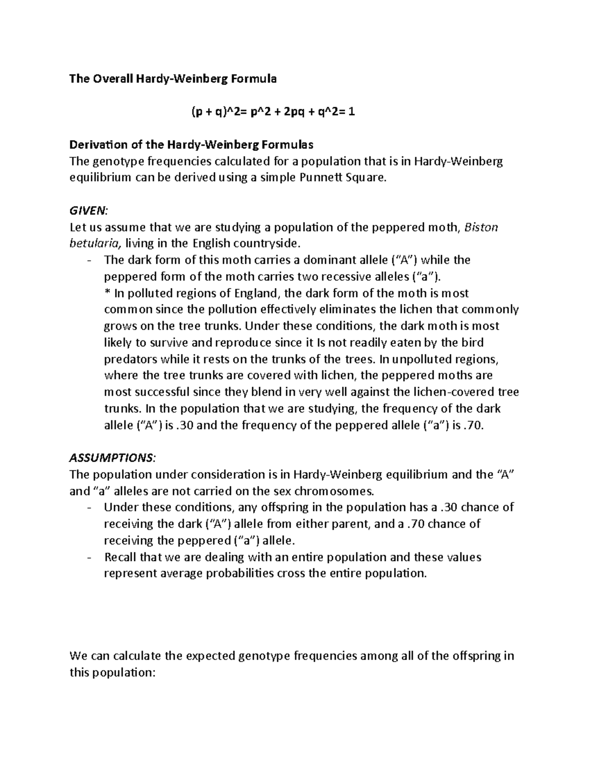 BIOL 150 Population Genetics p - The Overall Hardy-Weinberg Formula (p ...