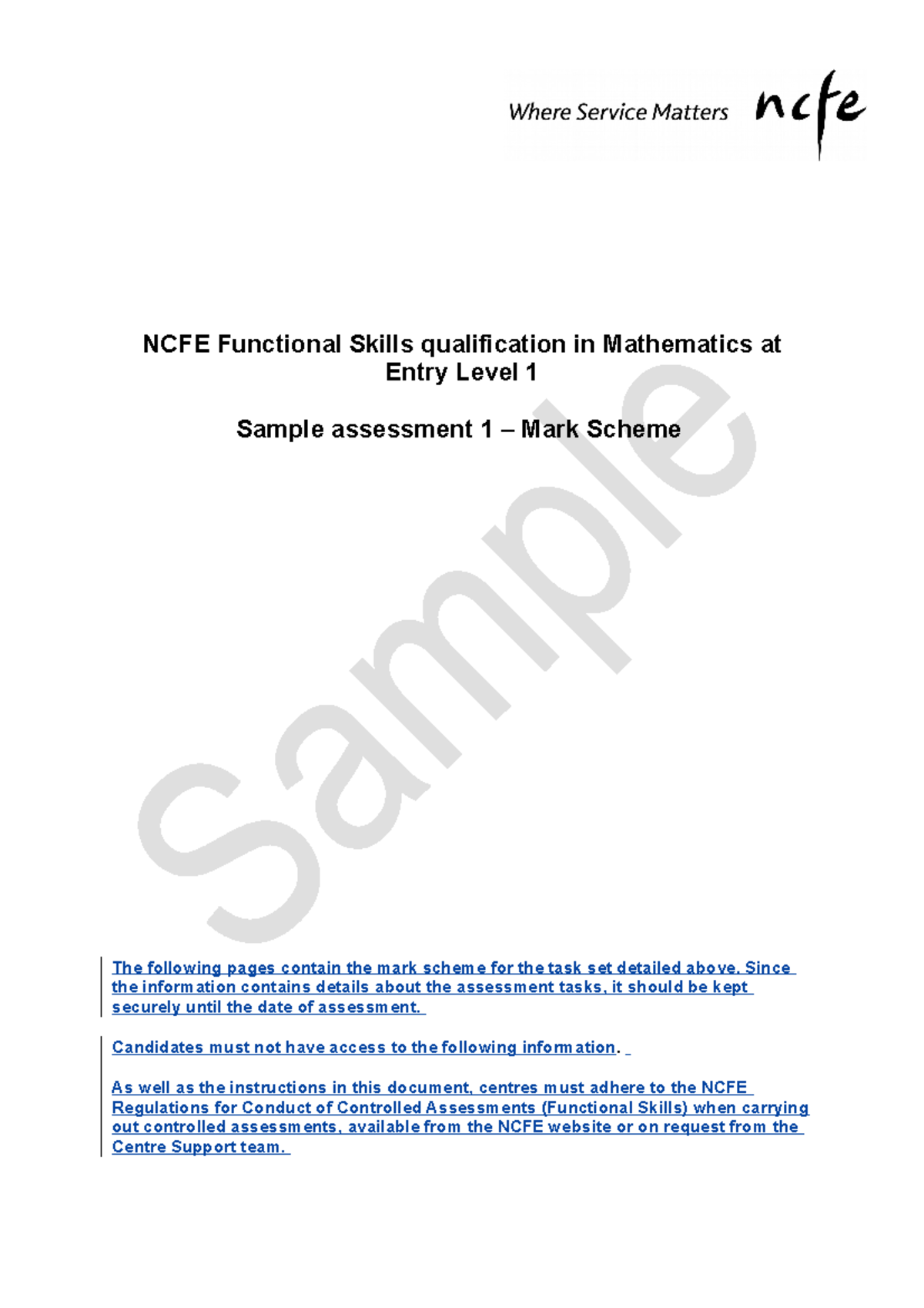 Sample Mark Scheme Mathematics Entry Level 1 - NCFE Functional Skills ...