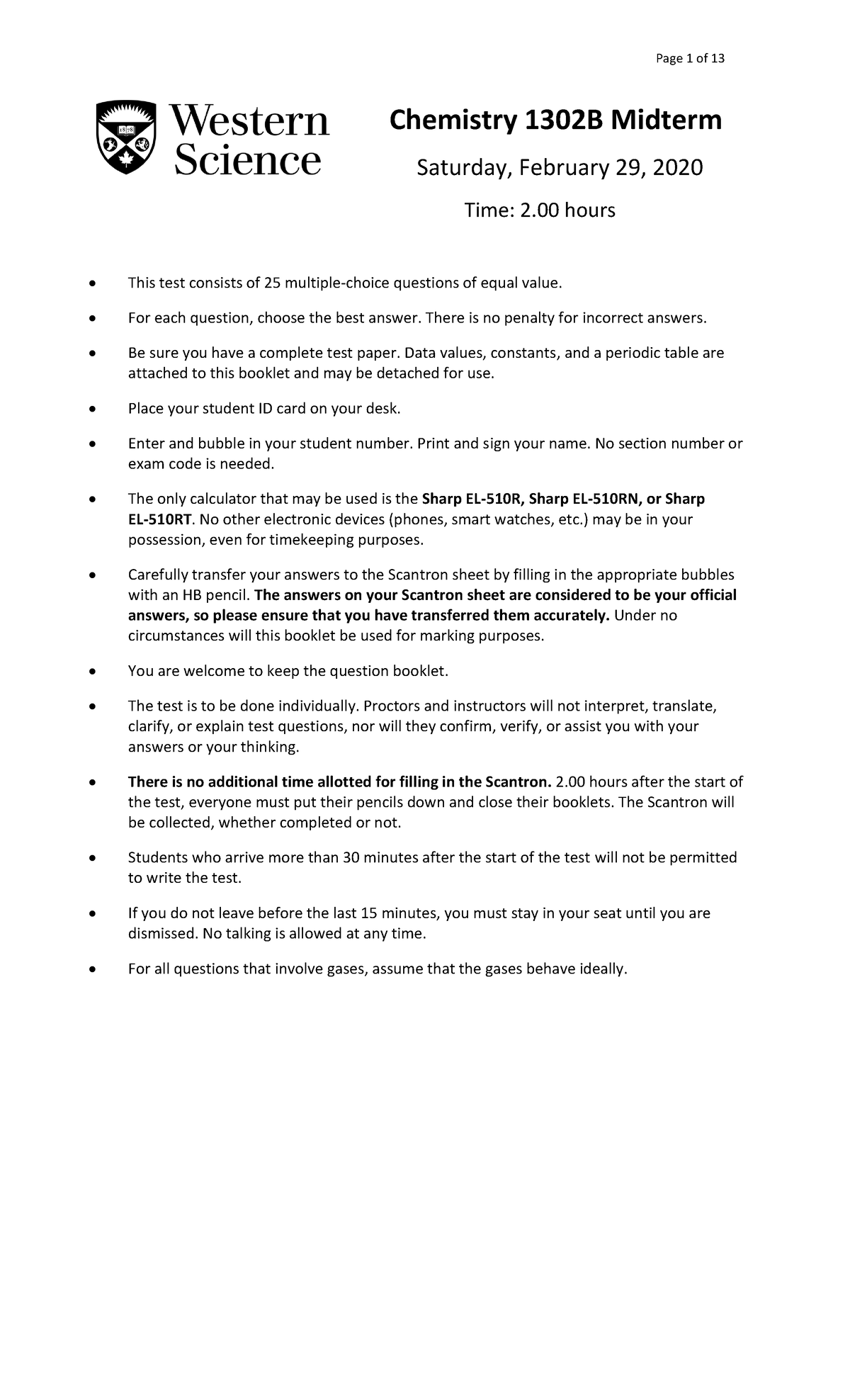 Midterm Test 2020 - Chemistry 1302B Midterm Saturday, February 29, 2020 ...