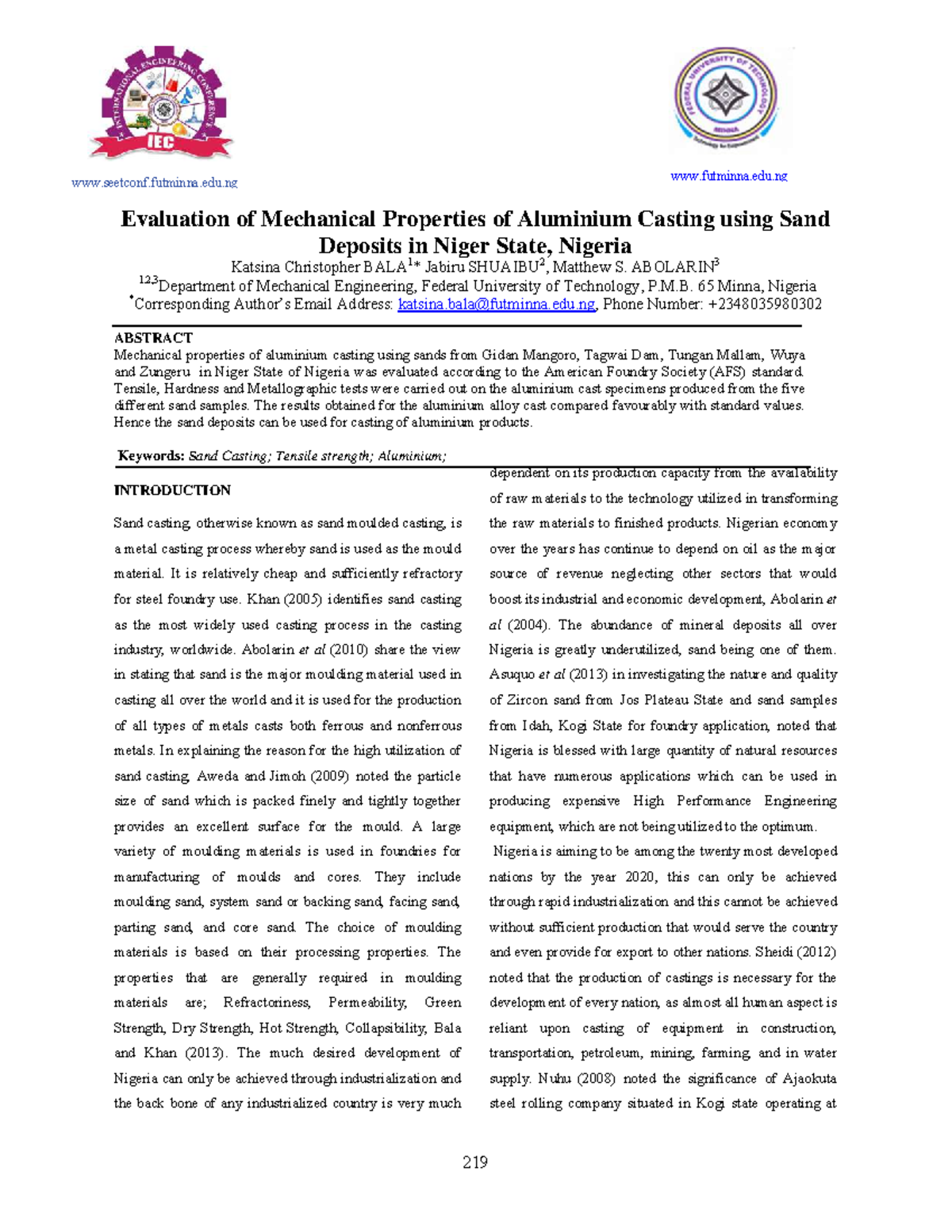 24 - Evaluation of Mechanical Properties of Aluminium Casting using Sand Deposits - ABOLARIN 3 ...
