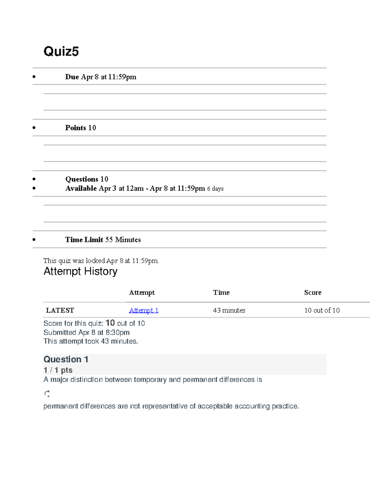 Quiz5 - Quiz Answer Key - Quiz Due Apr 8 at 11:59pm Points 10 Questions ...