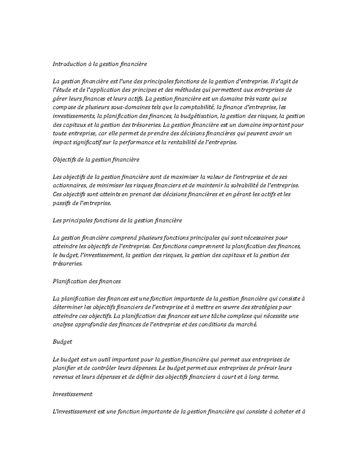 Financial Management note study - Introduction à la gestion financière ...