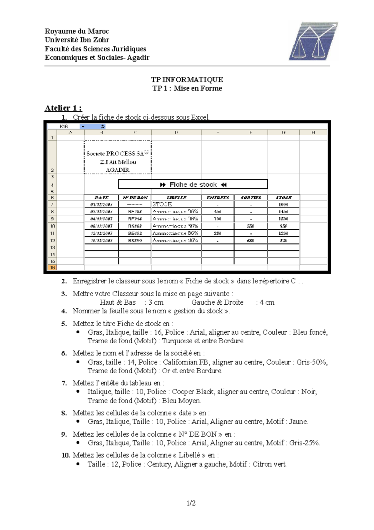 TP-N°1-excel - TP-N°1-excel - Royaume du Maroc Université Ibn Zohr ...