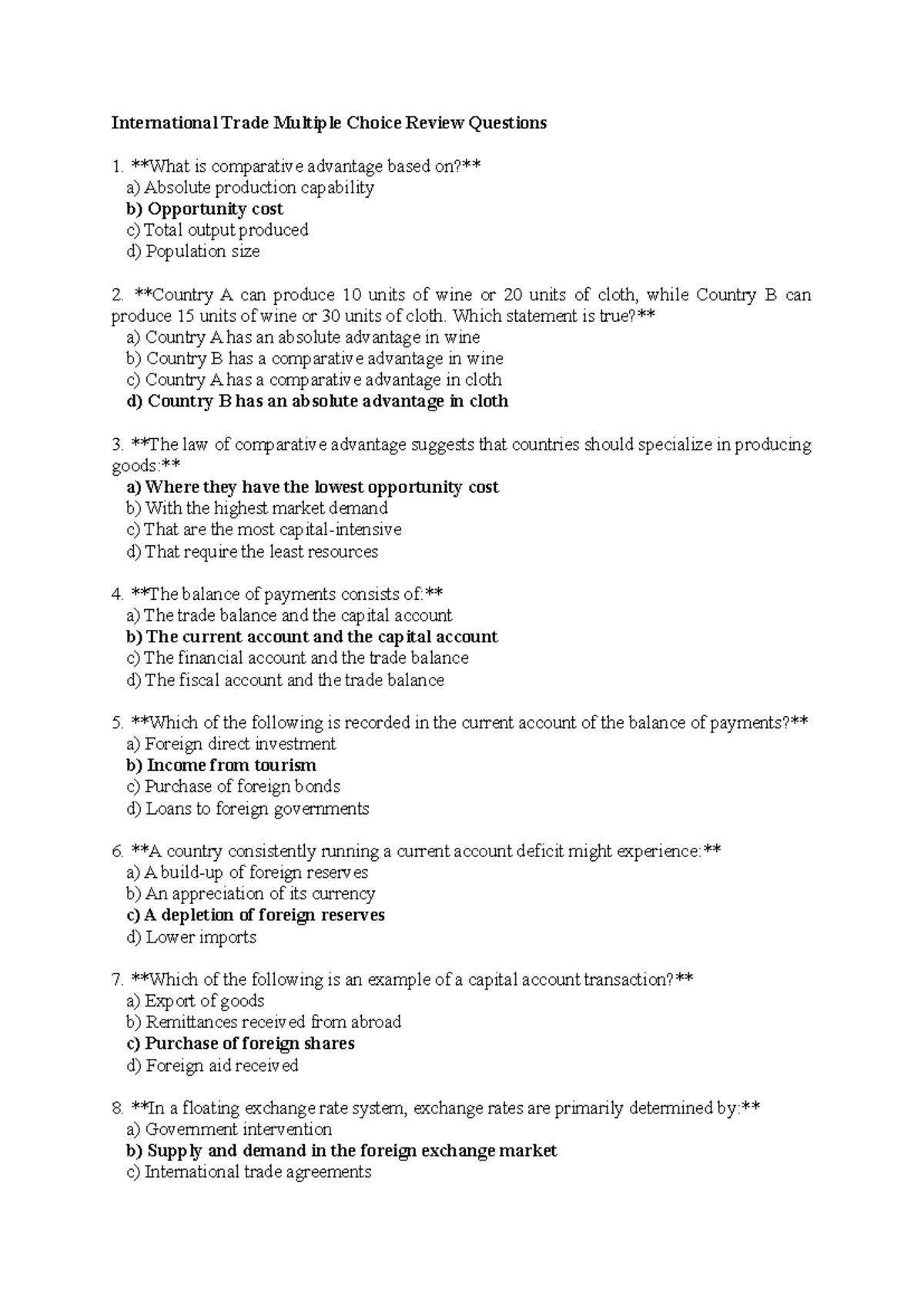 International Trade review questions - International Trade Multiple ...