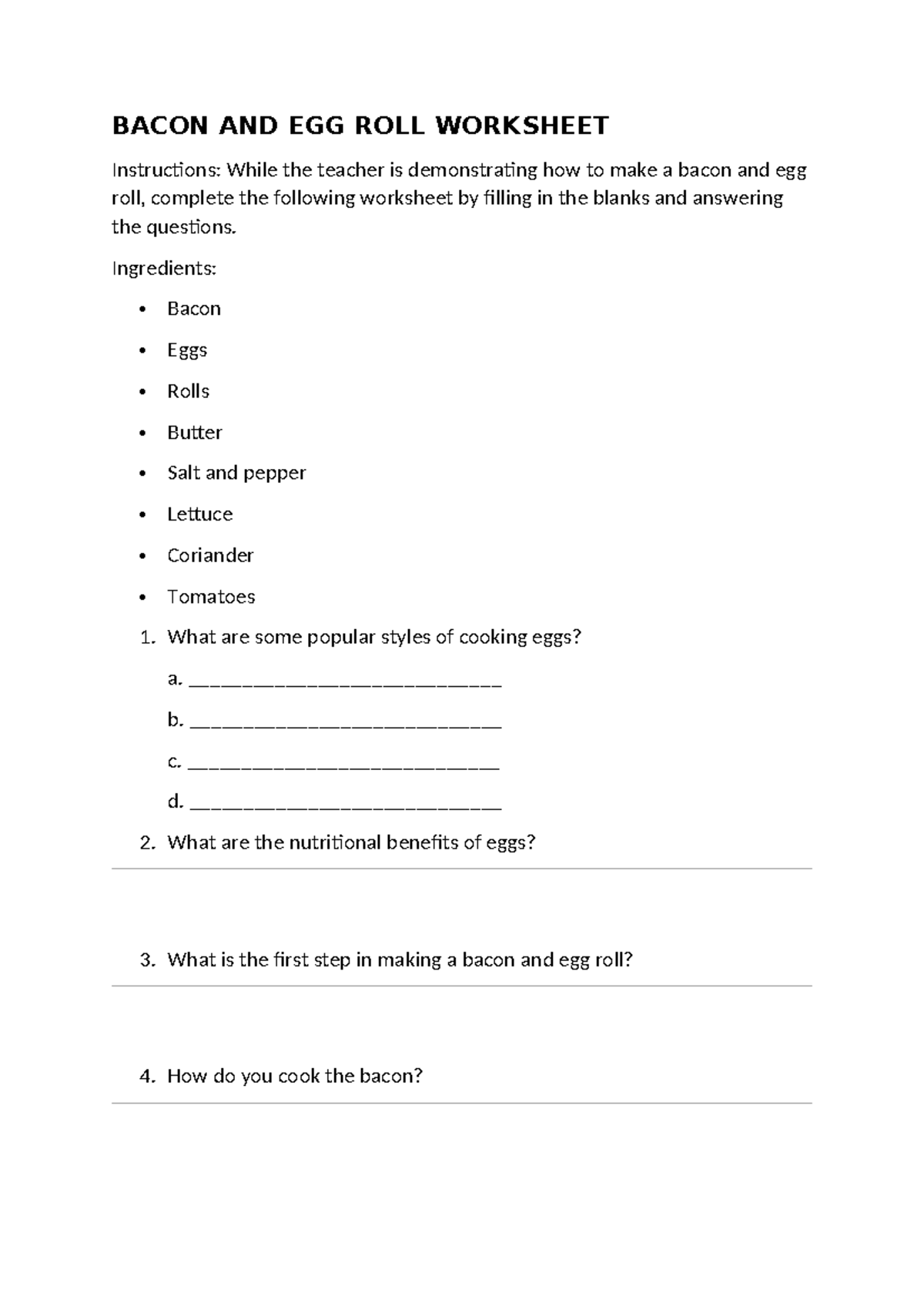 Bacon AND EGG ROLL Worksheet - BACON AND EGG ROLL WORKSHEET ...