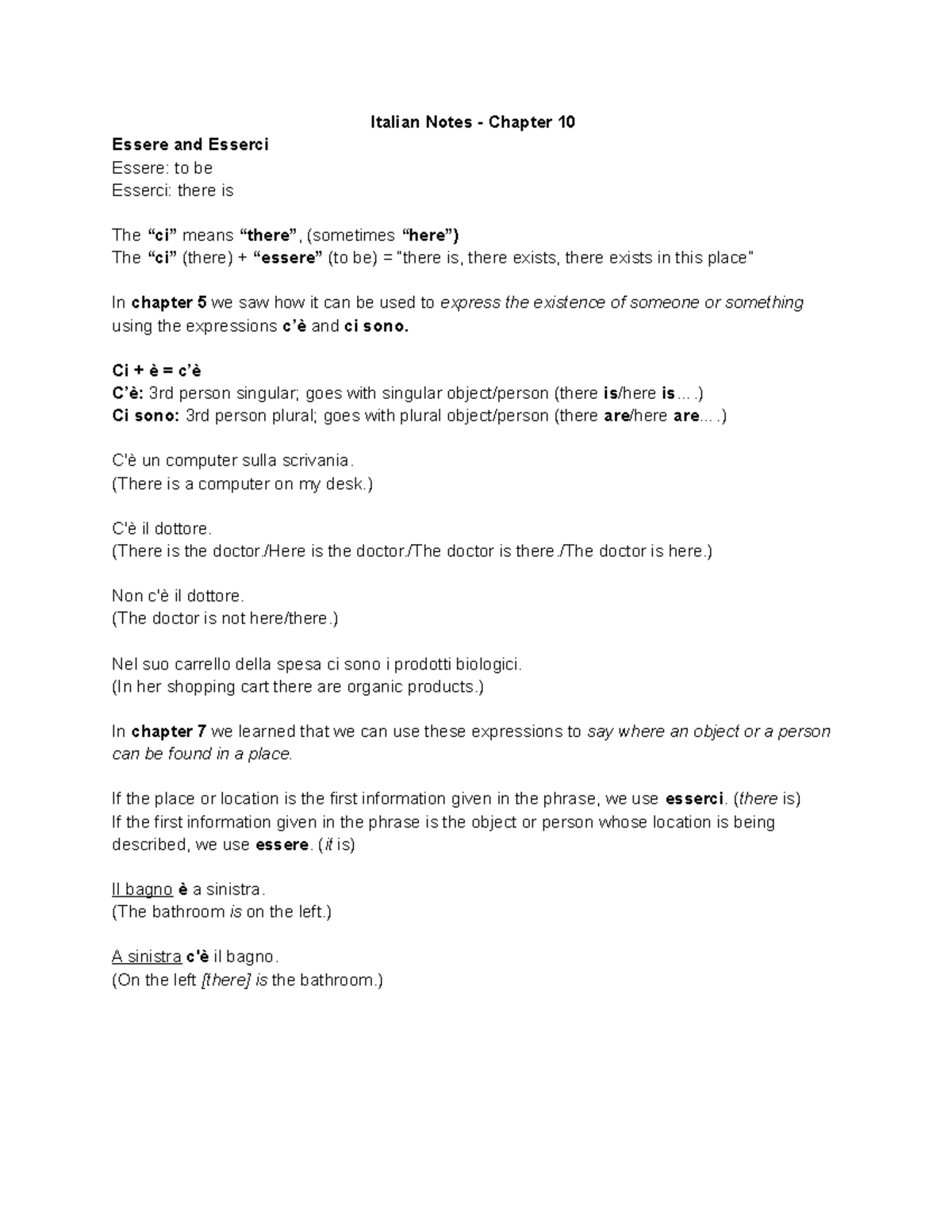 Ita+week+15%2B16 - notes - Italian Notes - Chapter 10 Essere and ...