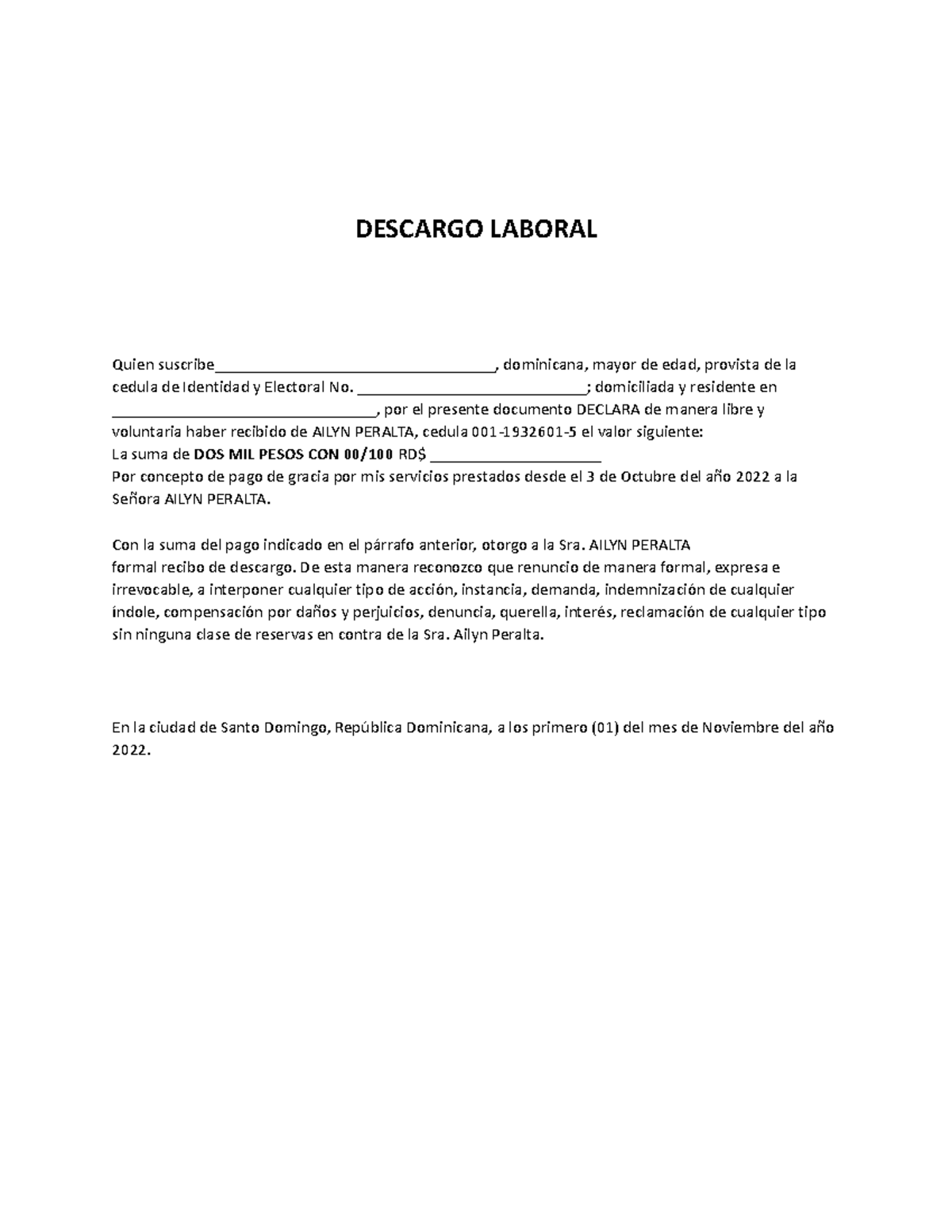 Descargo Laboral - un ejemplo - DESCARGO LABORAL Quien suscribe