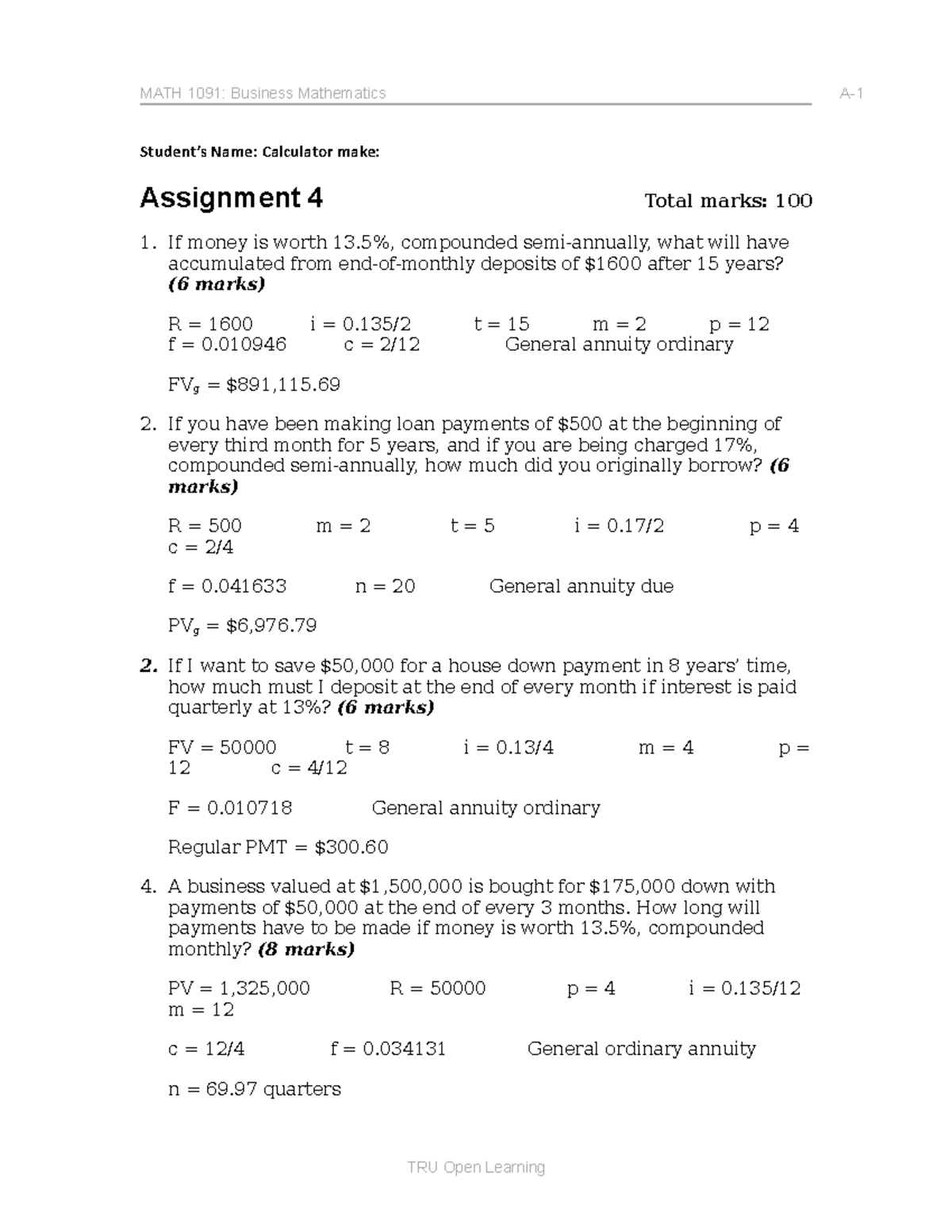 business 346 778 - MATH 1091: Business Mathematics A- Student’s Name ...