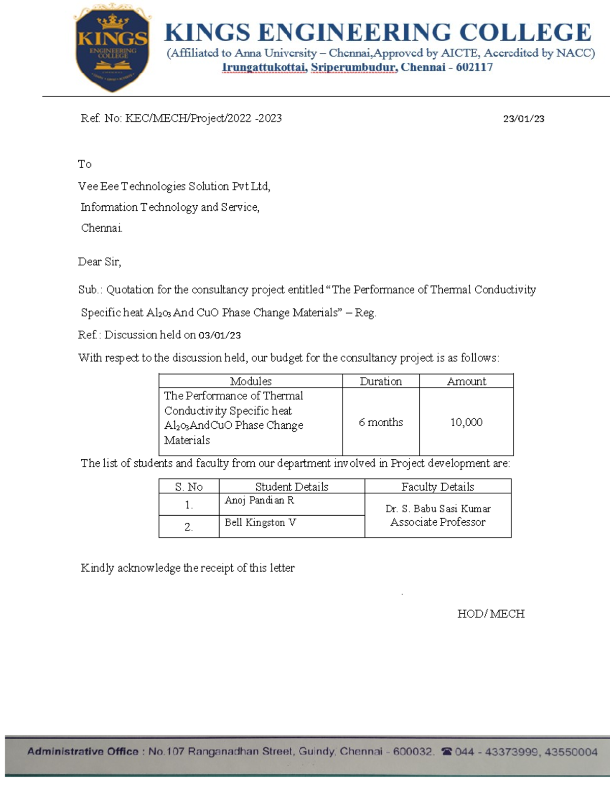 python programming - Ref. No: KEC/MECH/Project/2022 -2023 23/01/ To Vee ...