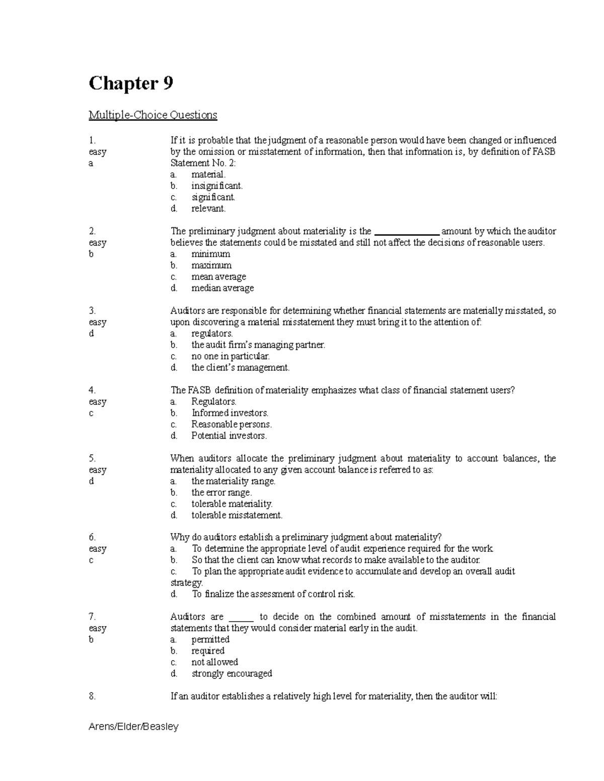 Chapter 9 final Materiality - Chapter 9 Multiple-Choice Questions 1 ...