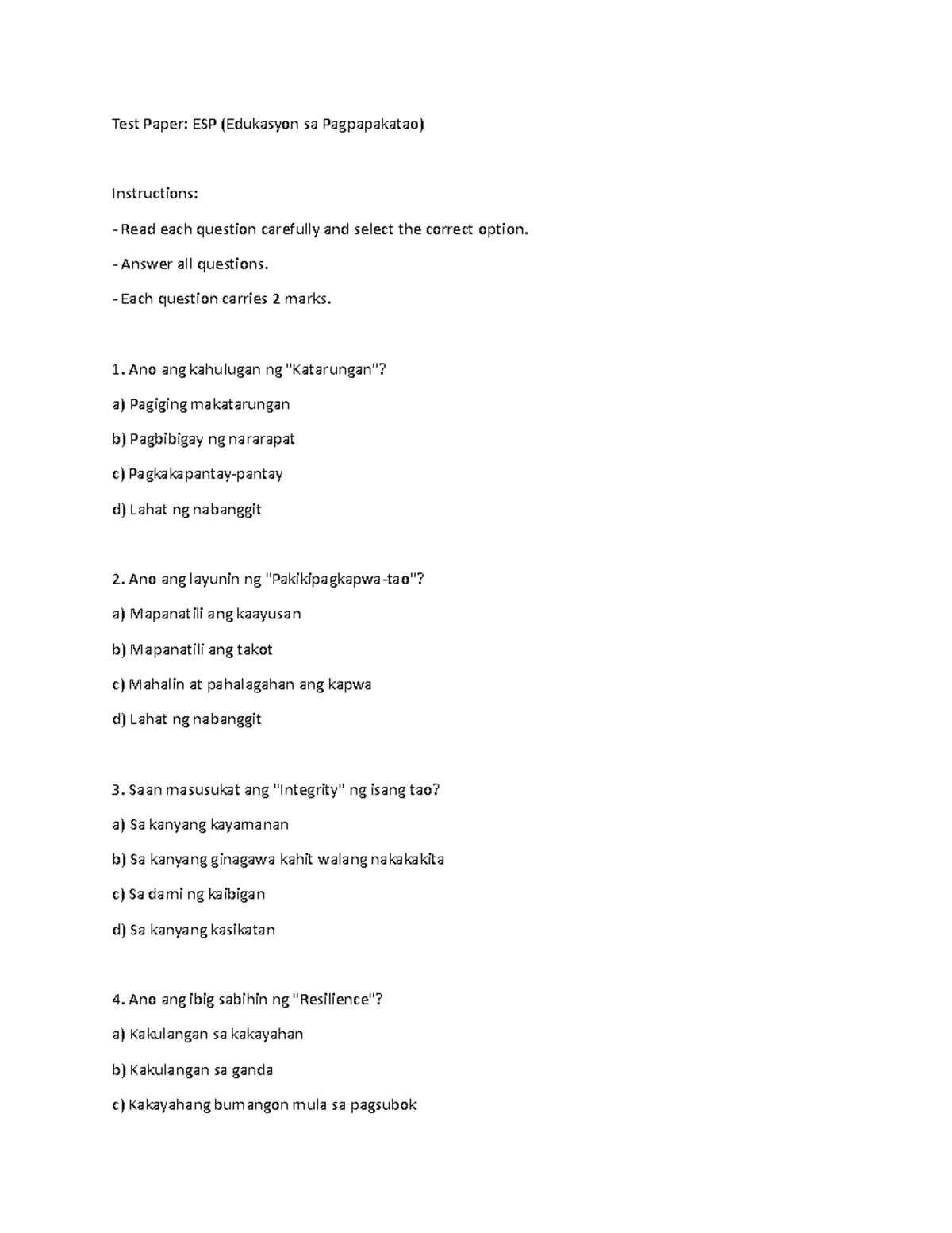 ESP test - This is only a Filipino Learning Reviewer Based on my ...