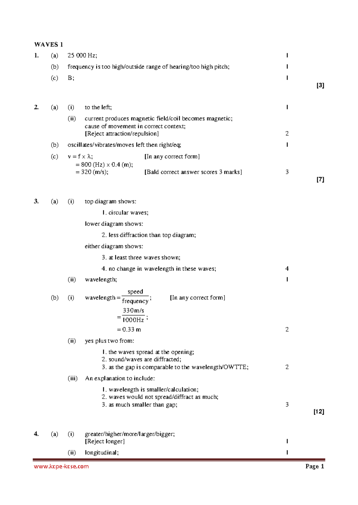 FORM-2 Waves-1A - notes - WAVES 1 (a) 25 000 Hz; 1 (b) frequency is too ...