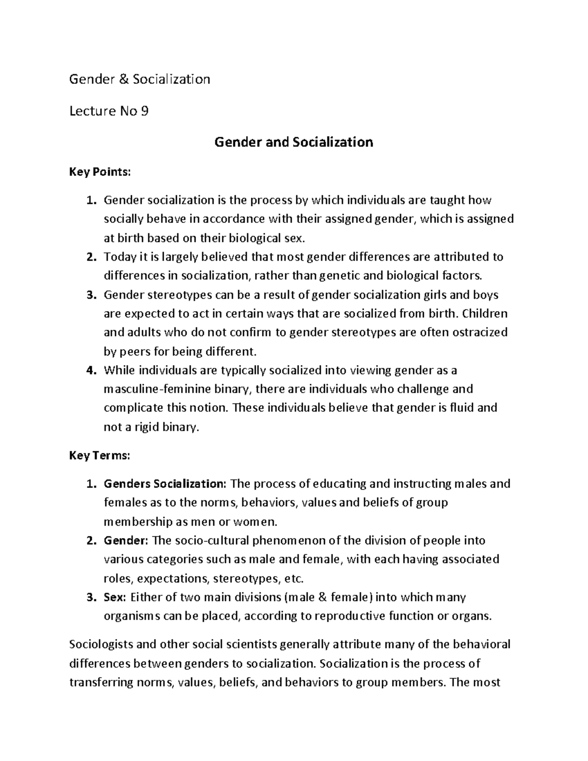 Sociology Lecture No 9 Gender & Sociolization self handputs - Gender ...